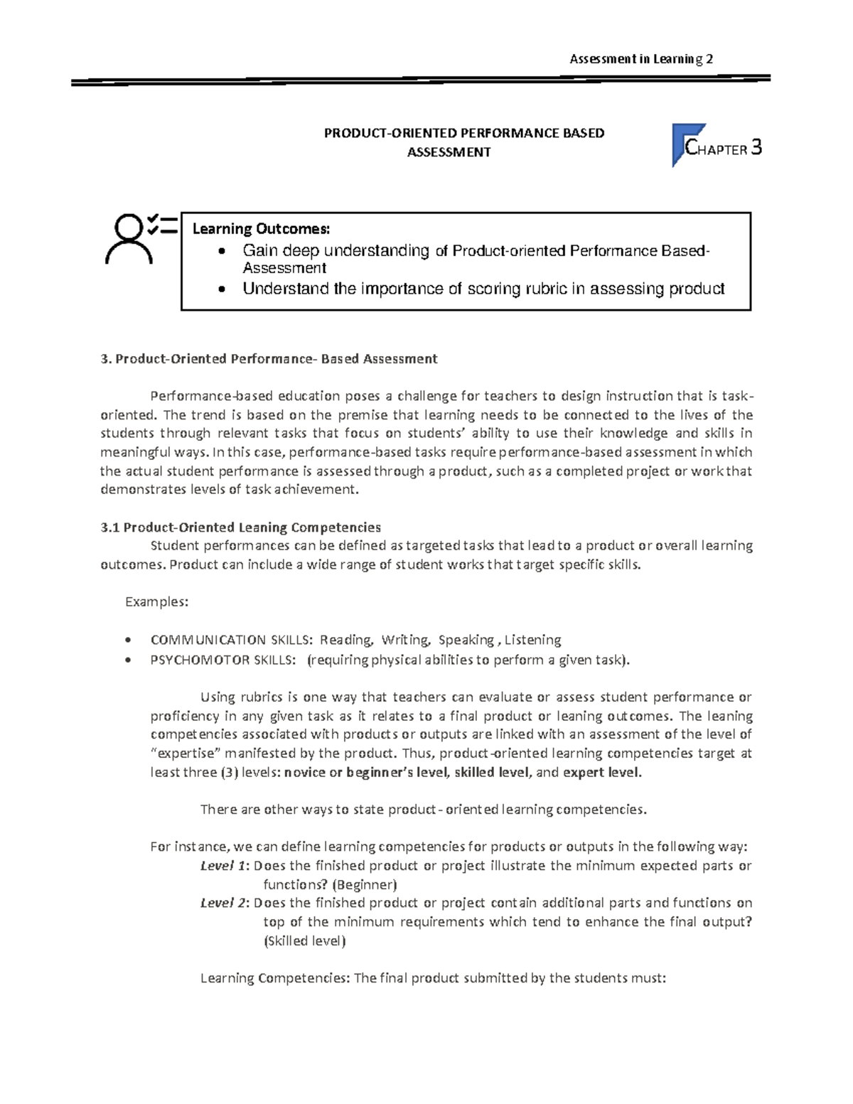 Prof Ed 311 - Chapter 3 - CHAPTER 3 PRODUCT-ORIENTED PERFORMANCE BASED ASSESSMENT 3. - Studocu