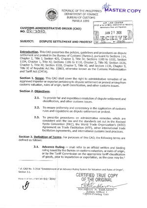 Reviewer module 1-3 - ADVANCE RULING SEC. 1100. Classification Ruling ...