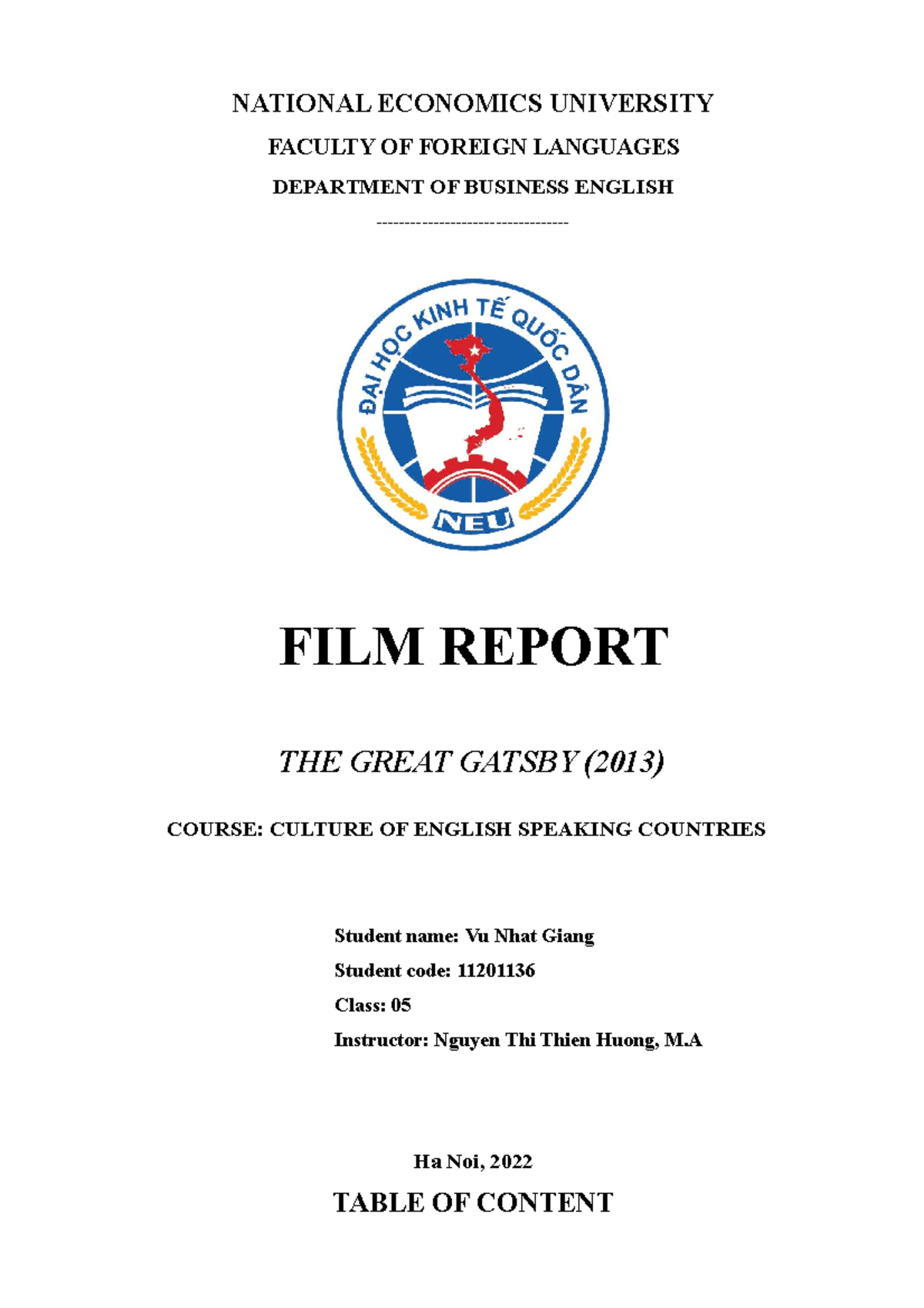 FILM Report - abcd - NATIONAL ECONOMICS UNIVERSITY FACULTY OF FOREIGN ...