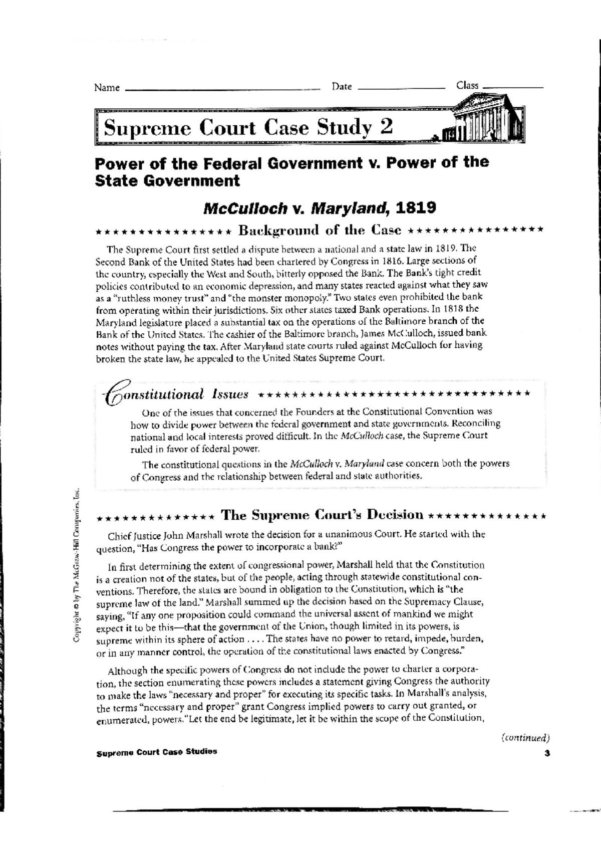 Mc v Maryland - n lj ljkl - Name Date Class Supreme Court Case Study 2 ...