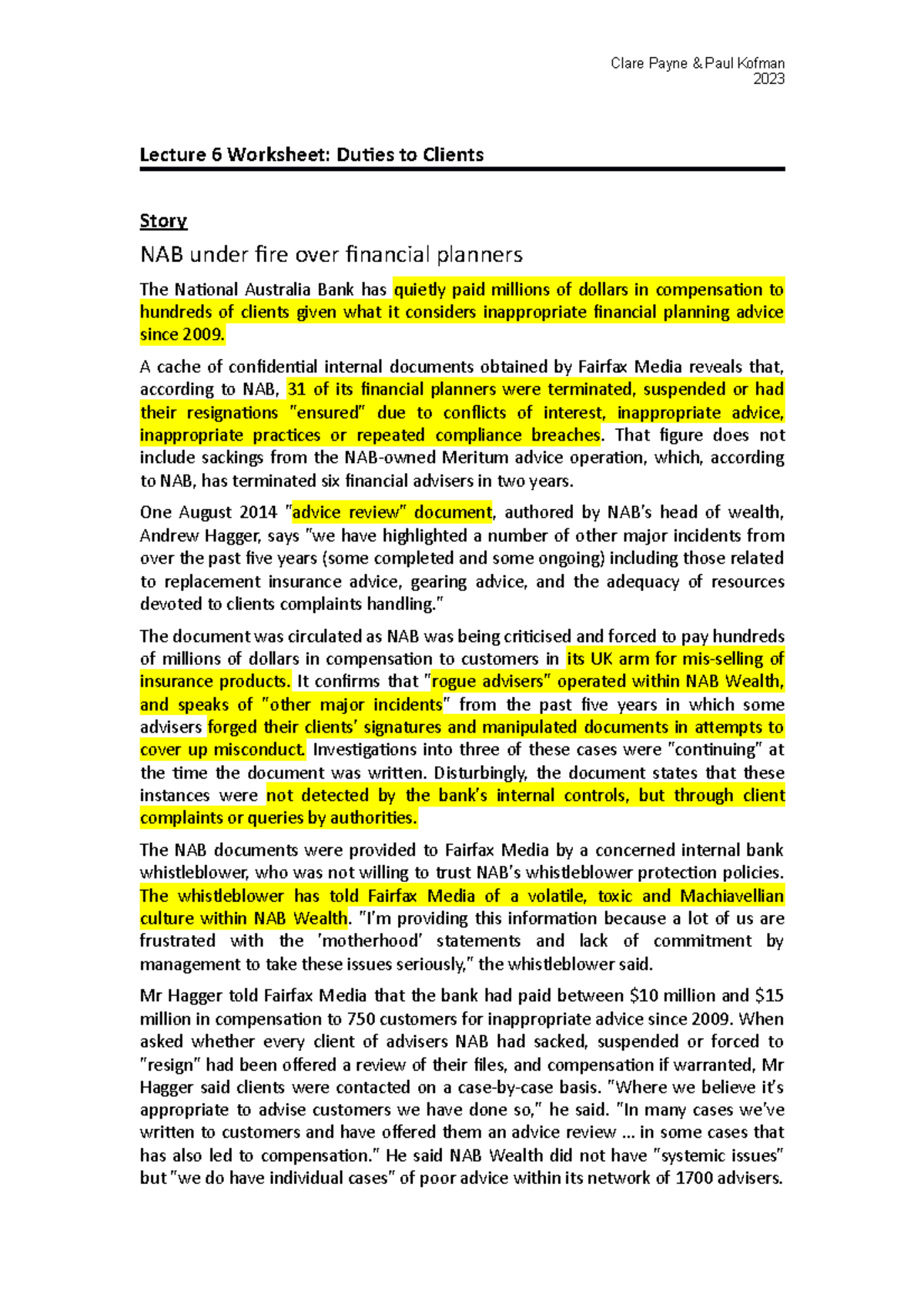2023 Lecture 6 Duties to Clients A - Clare Payne & Paul Kofman 2023 ...