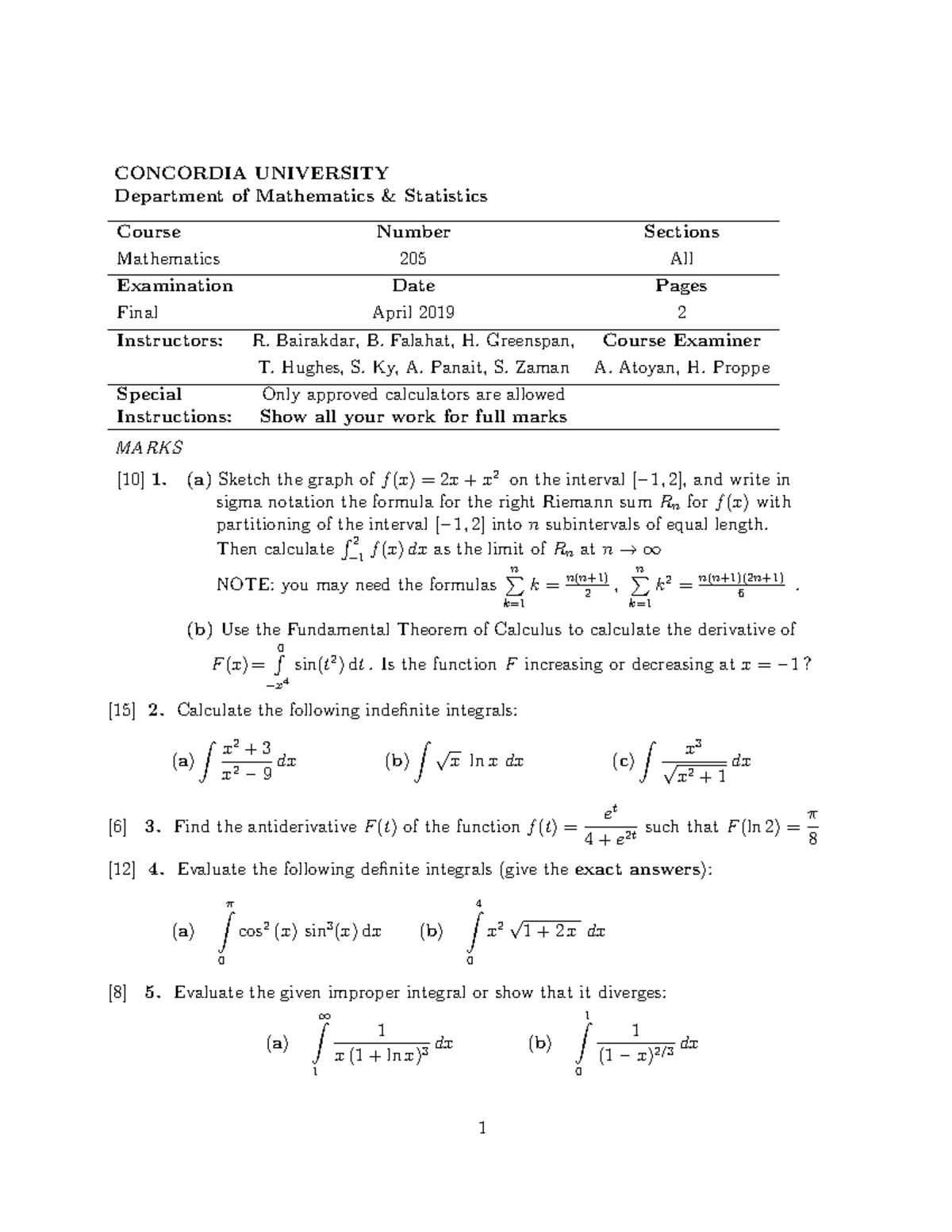 Solutions Math 205-Final Exam-Winter-2019 2 - CONCORDIA UNIVERSITY ...