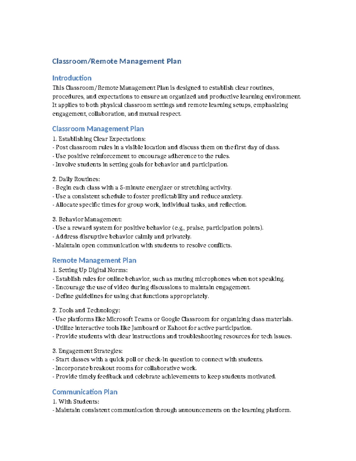 Classroom Remote Management Plan - It applies to both physical ...
