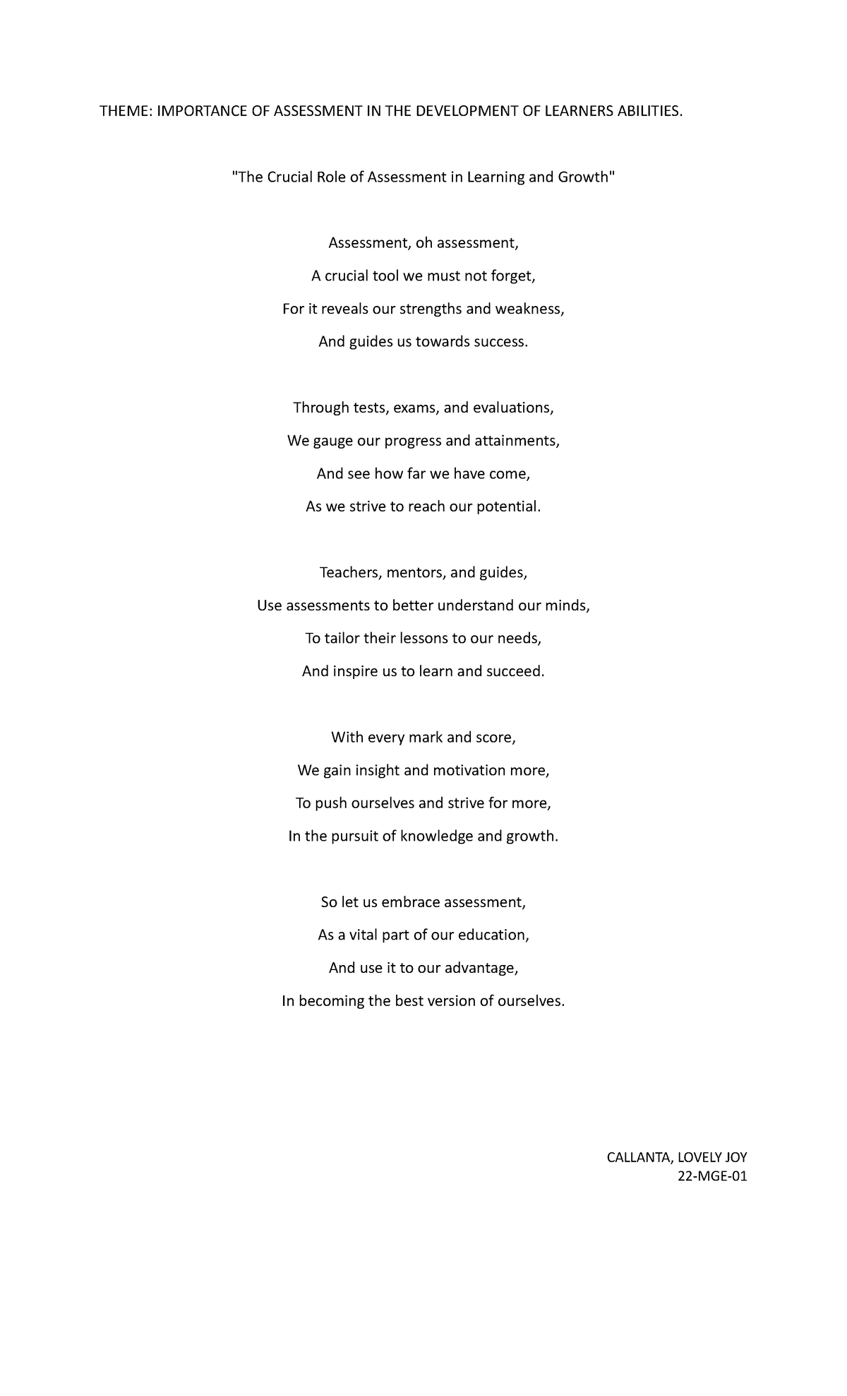 Assessment POEM - THEME: IMPORTANCE OF ASSESSMENT IN THE DEVELOPMENT OF ...