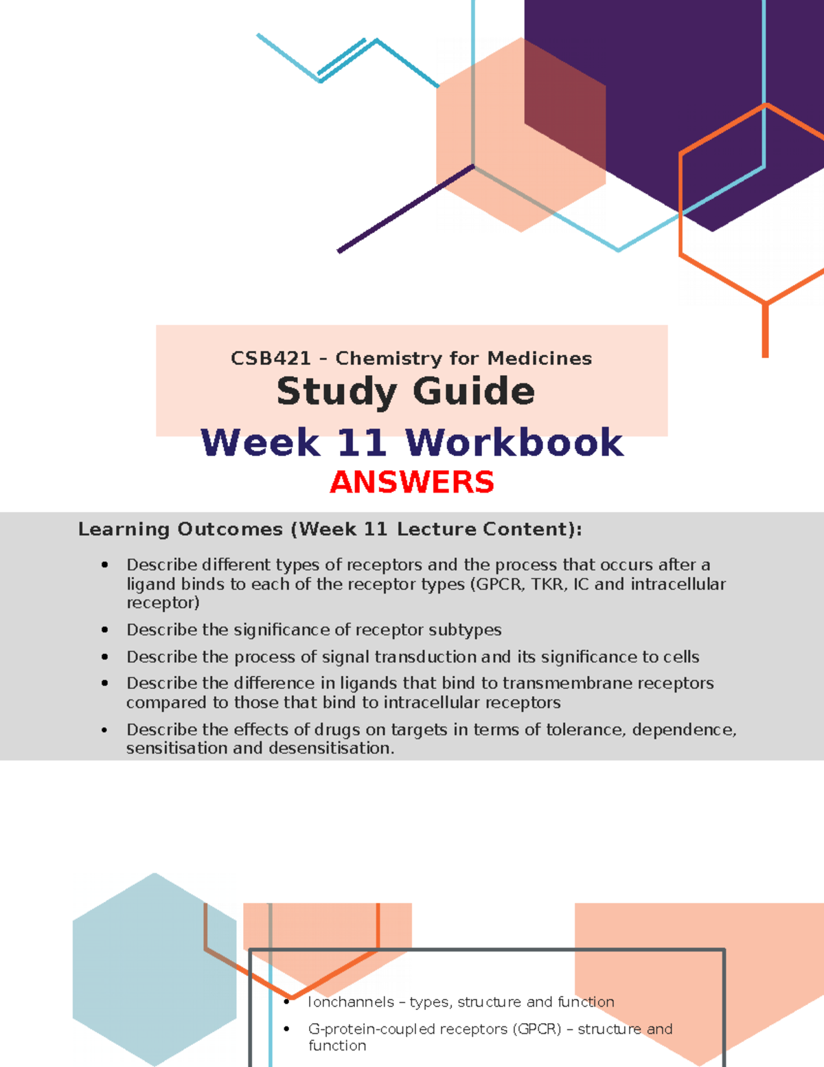 CSB421 2022 Workbook Week 11 Answers CSB421 Chemistry For Medicines