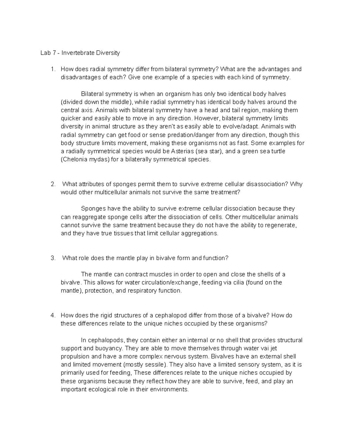 Lab 7 - invert diversity - Lab 7 - Invertebrate Diversity 1. How does ...