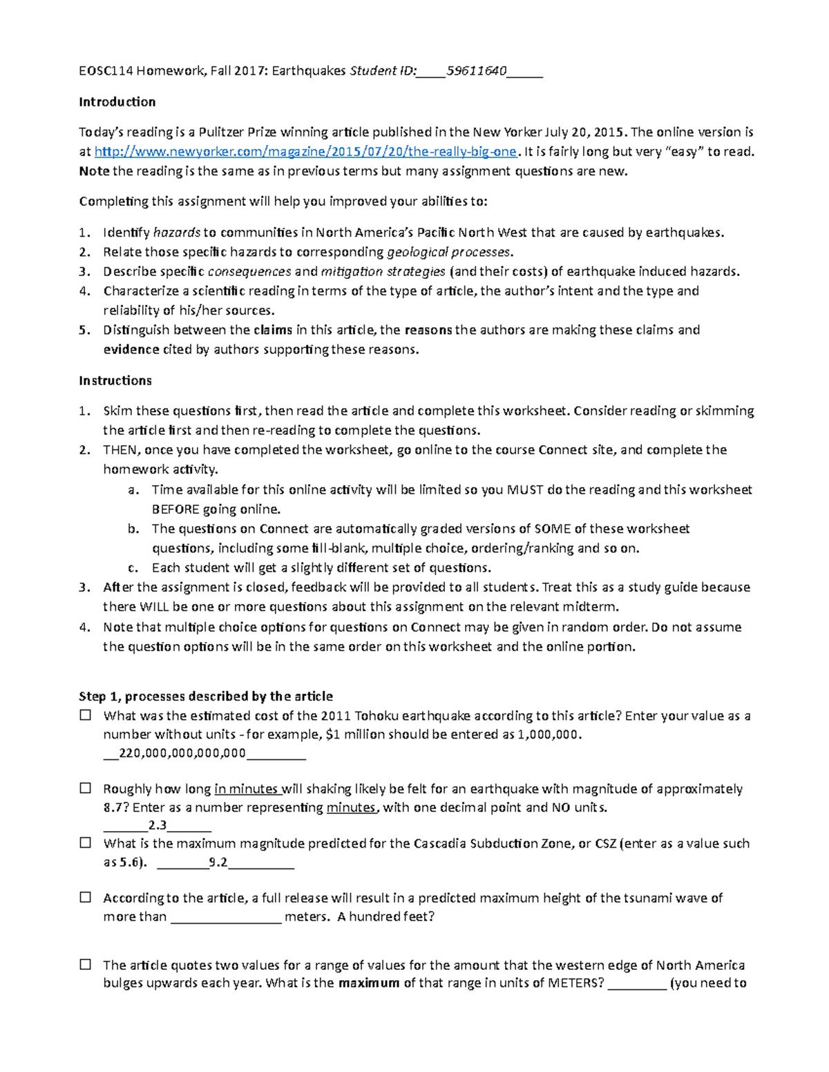 Earthquake assignment - EOSC114 Homework, Fall 2017: Earthquakes ...