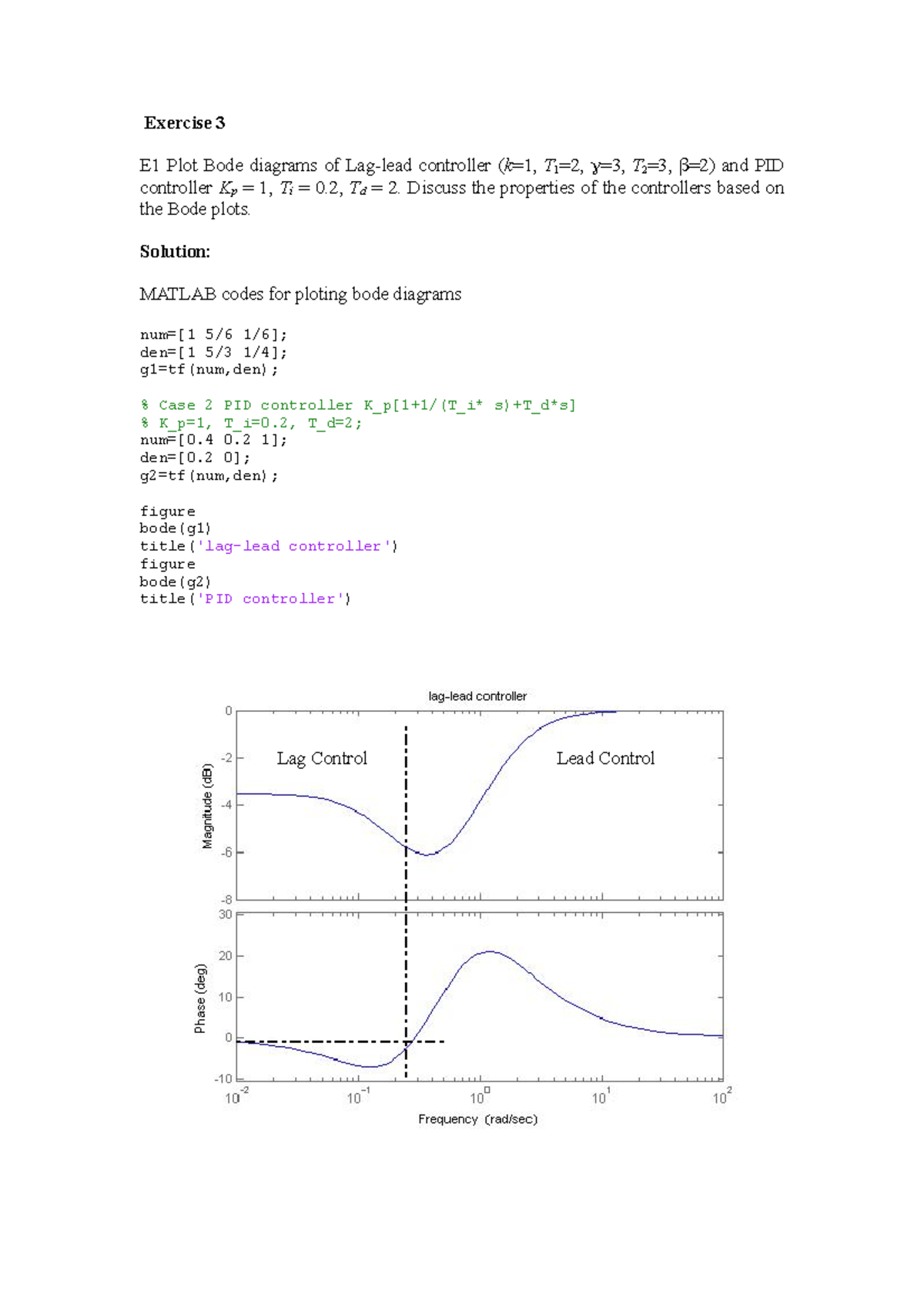 Lec 03 Solution - Exercise 3 E1 Plot Bode diagrams of controller and PID controller Kp 1, Ti 0 ...