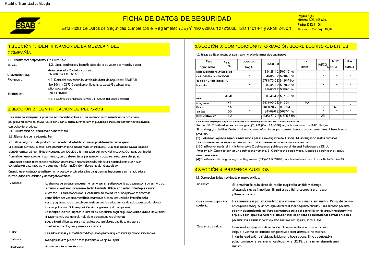 Esab Hoja de Seguridad - sds - Esta Ficha de Datos de Seguridad cumple ...