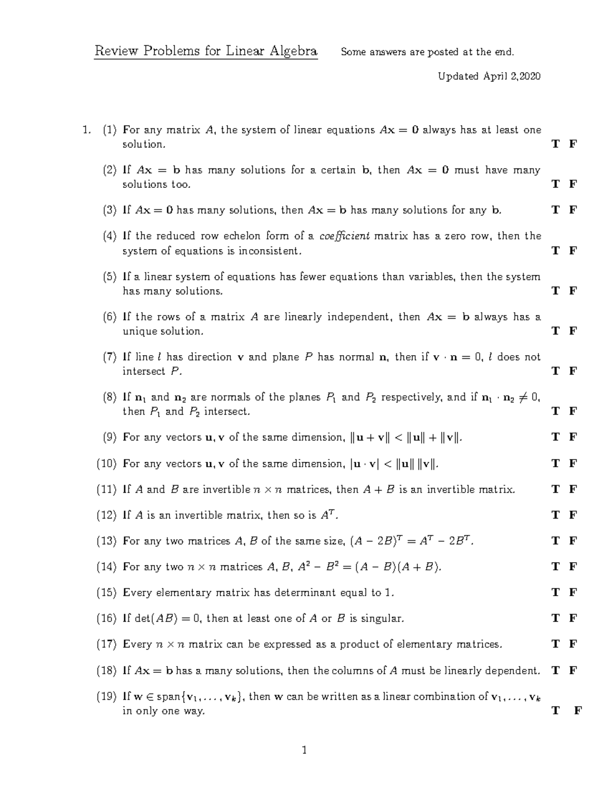 Review problems hints ONLY - Review Problems for Linear Algebra Some answers are posted at the ...