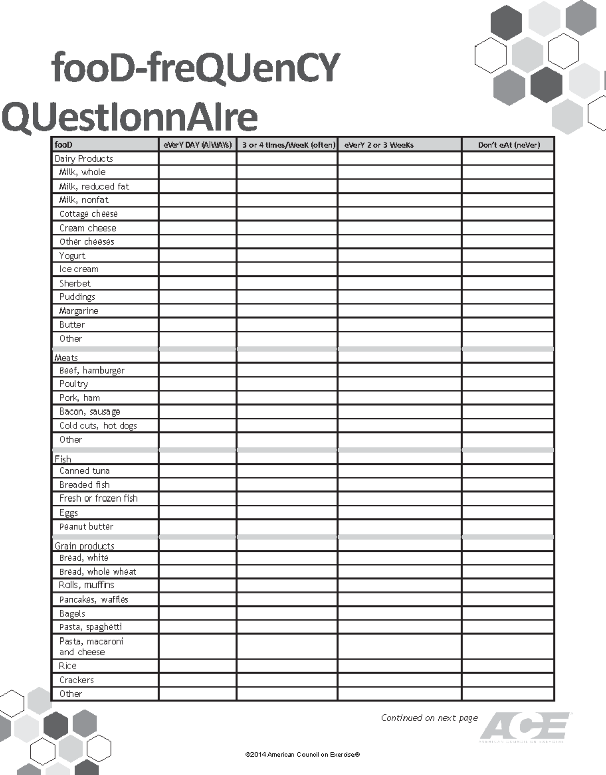 Formal Food Frequency Questionnaire - ©2014 American Council on ...