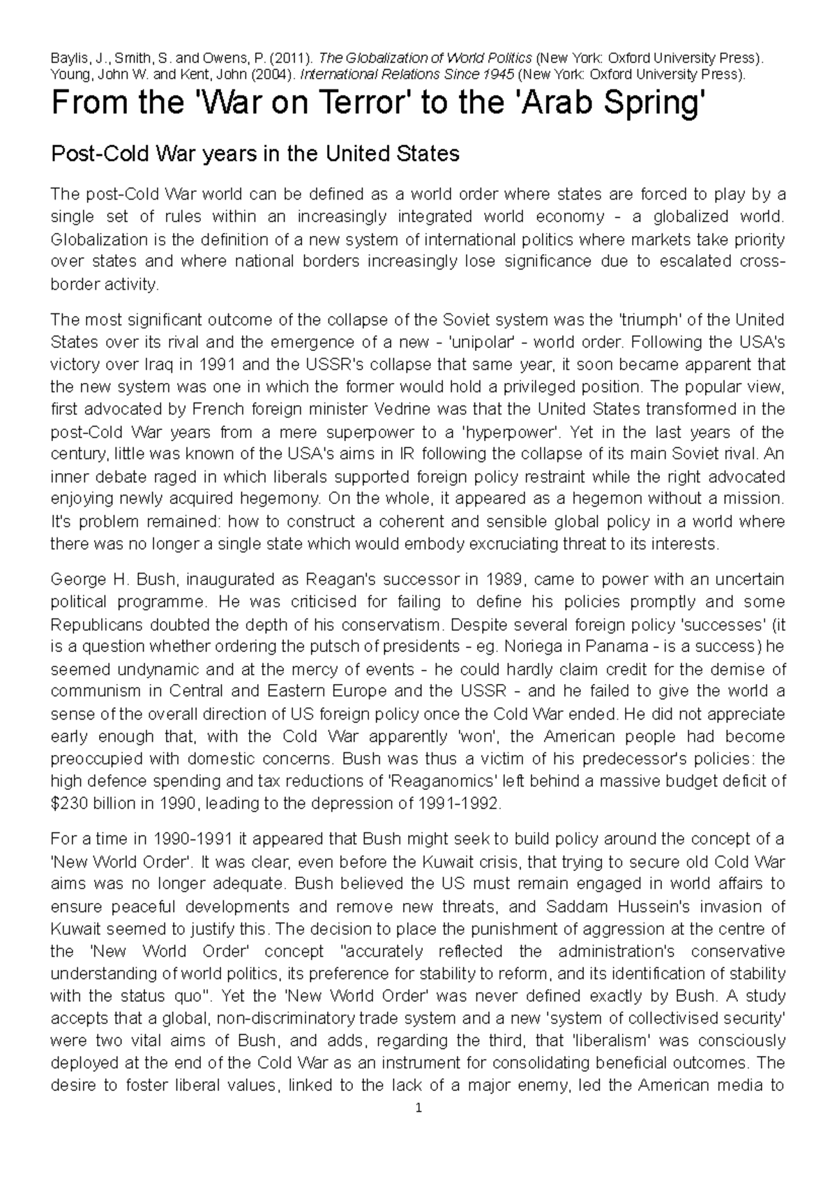 Summary - From the 'War on Terror' to the 'Arab Spring' - Baylis, J ...