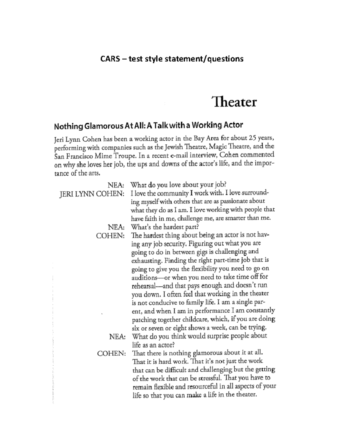 CARS question - Theater 1 - GEY4612 - CARS – test style statement ...