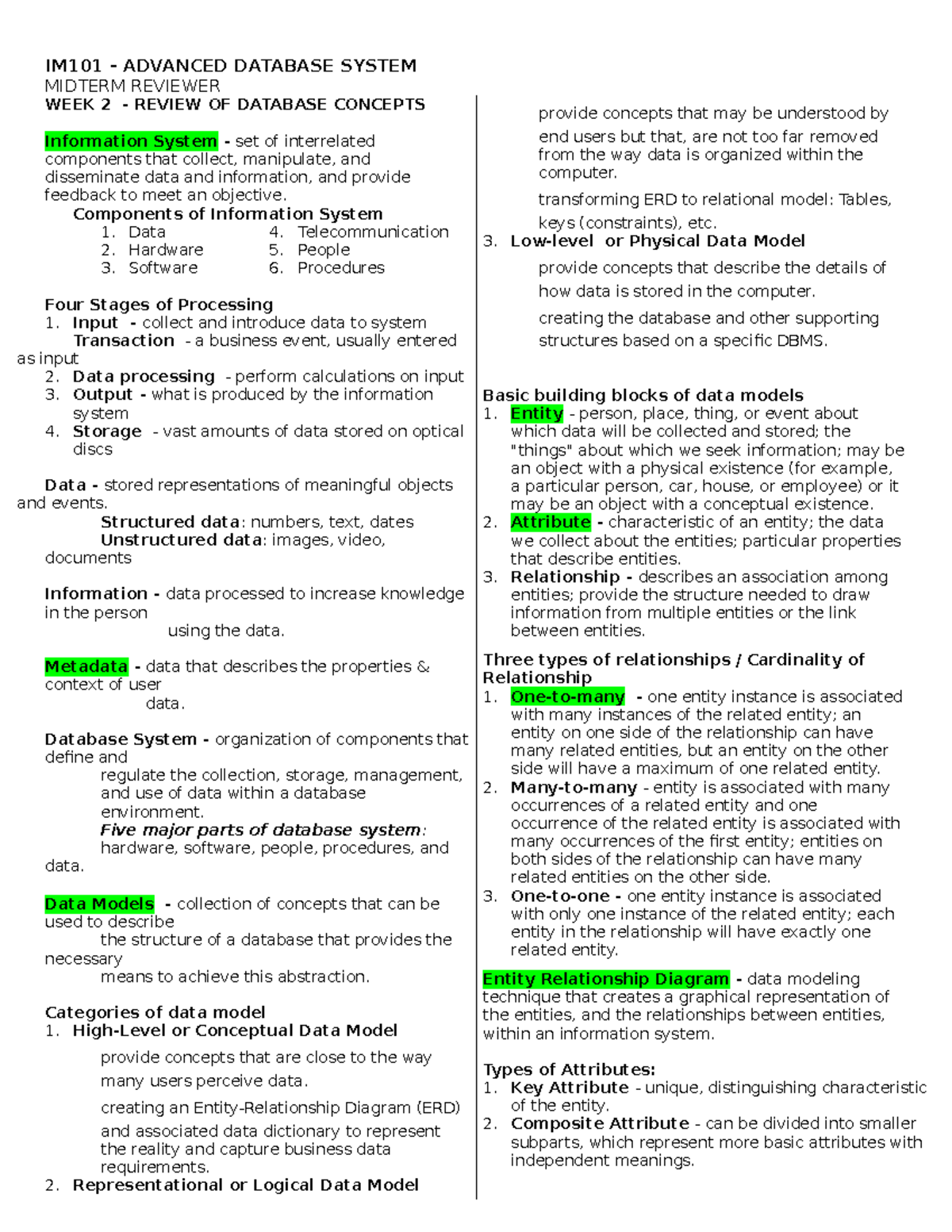 IM101 - Advanced Database - MIDTERM REVIEWER WEEK 2 - REVIEW OF ...