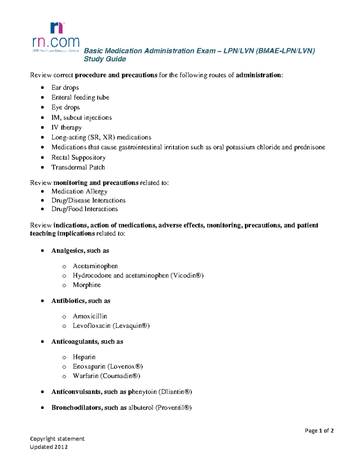 2013 LPN BMAE Study Guide for rpn final - Basic Medication ...