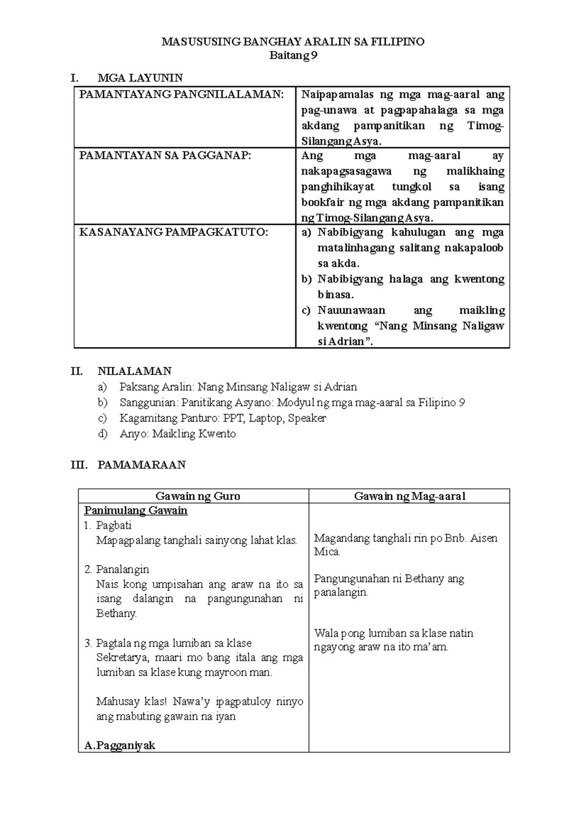 Final-demo-LP - none - Baitang 9 I. MGA LAYUNIN PAMANTAYANG ...