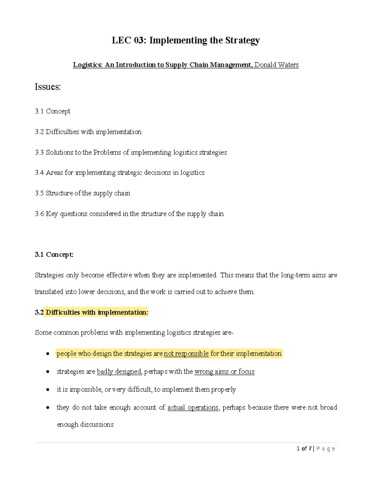 Lecture 03 - Notes - LEC 03: Implementing the Strategy Logistics: An ...