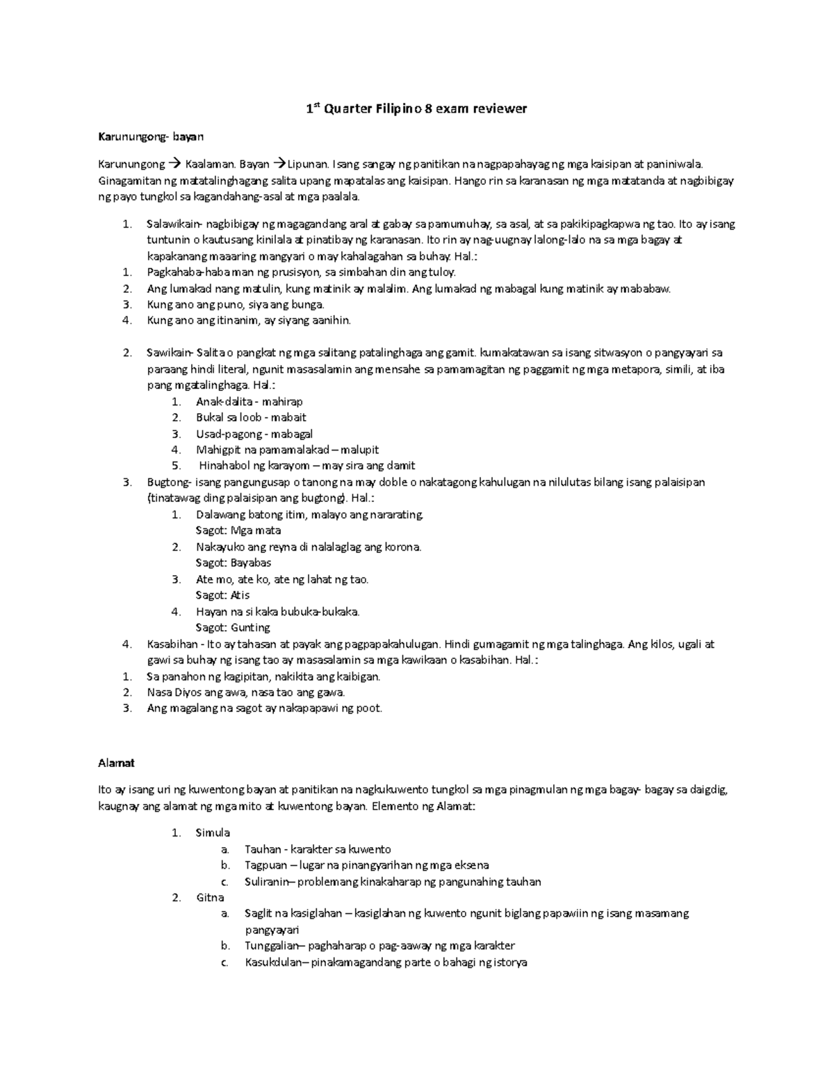 1st Quarter Filipino 8 exam reviewer - 1 st Quarter Filipino 8 exam ...