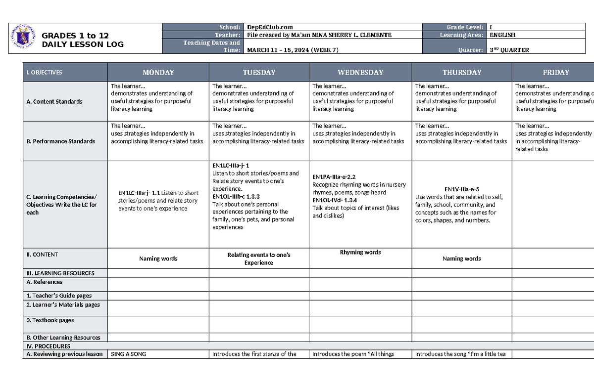 DLL English-1 Q3 W7 - Dll in English - GRADES 1 to 12 DAILY LESSON LOG ...