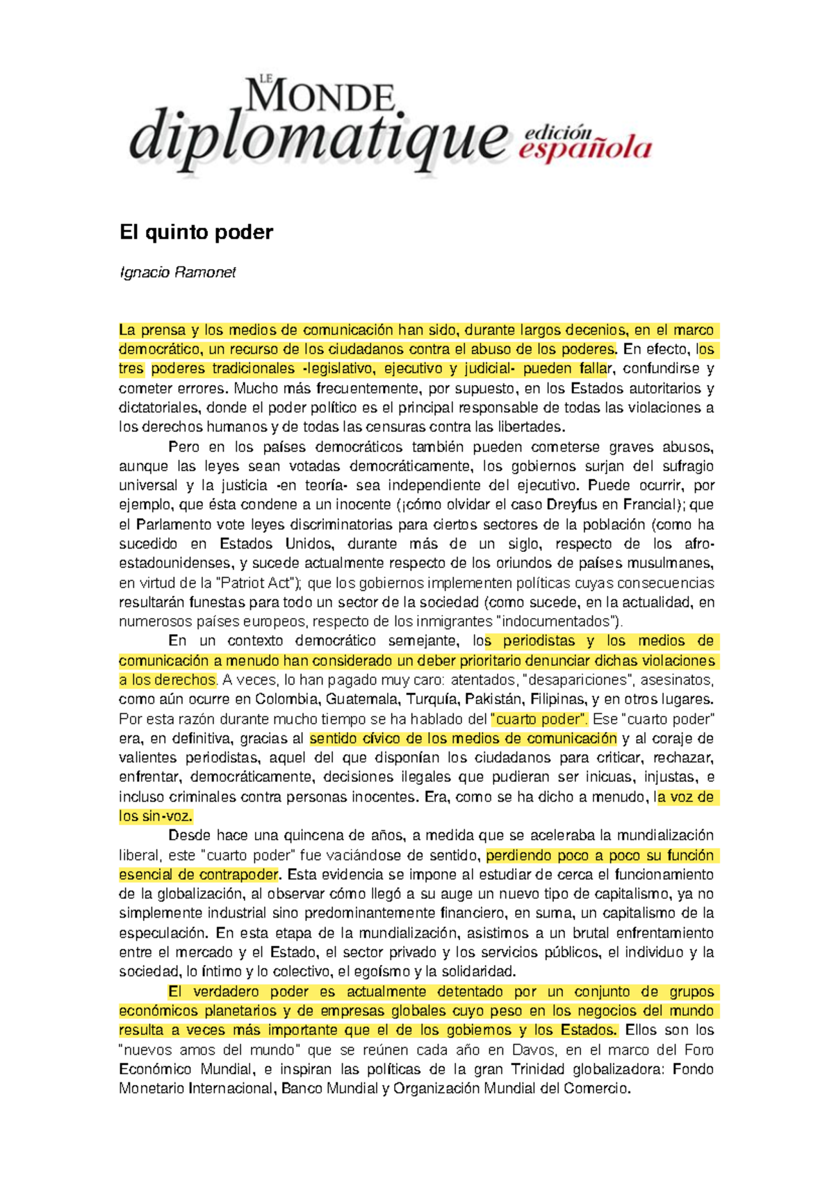 Ramonet (2003 ) - El quinto poder Resumen - El quinto poder Ignacio ...
