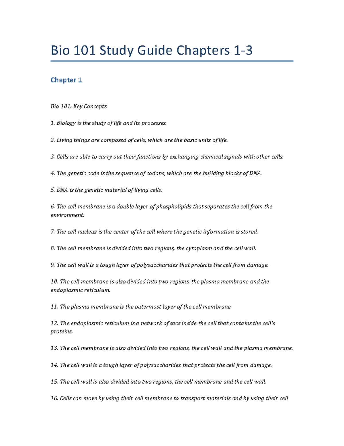 Bio 101 Study Guide Chapters 1-3 - Living things are composed of cells ...