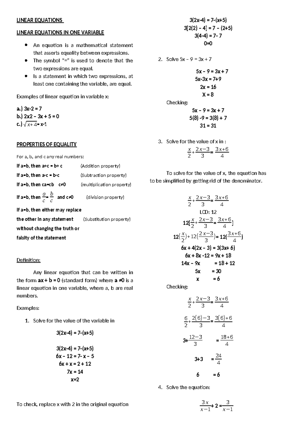 MATH100 Notes - LINEAR EQUATIONS LINEAR EQUATIONS IN ONE VARIABLE An ...