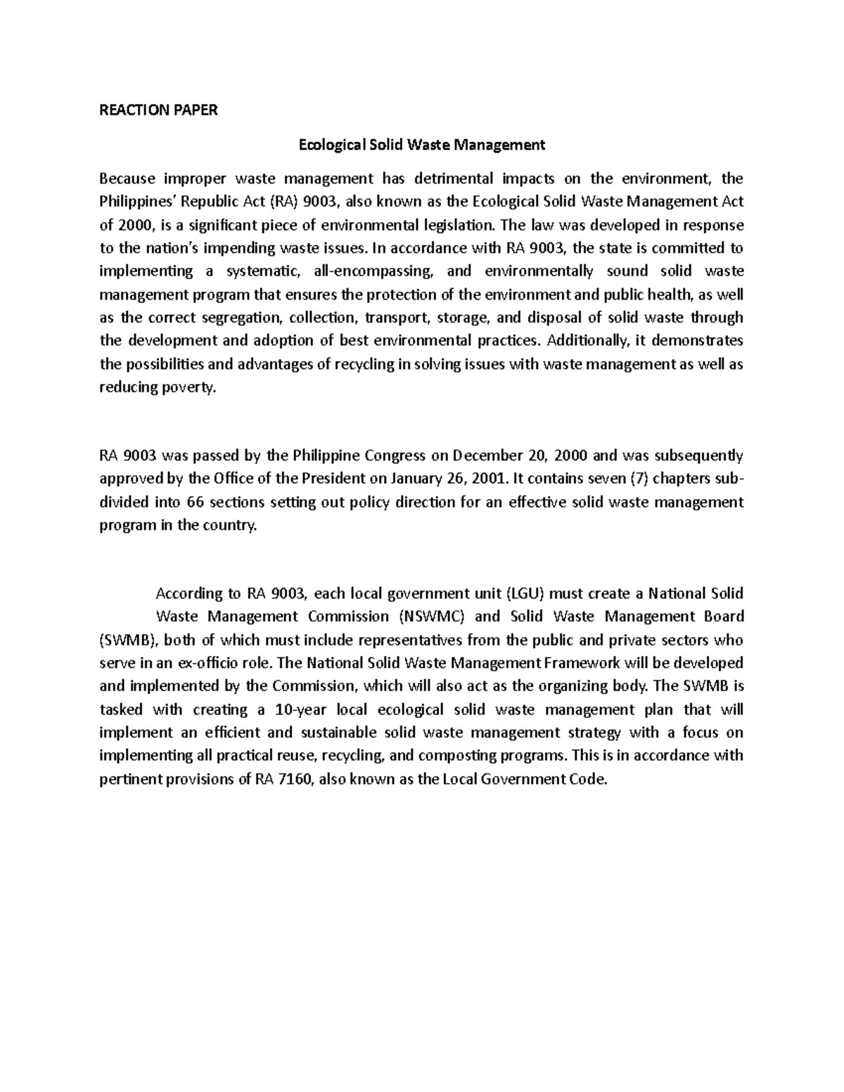 Reaction Paper - Ecological Solid Waste Management - REACTION PAPER ...