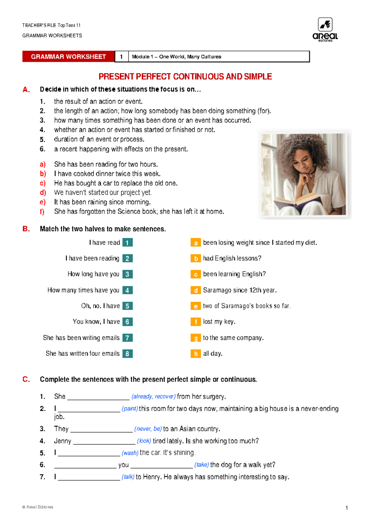 Grammar Worksheet 1 Present Perfect Simple Present Perfect Continuous ...