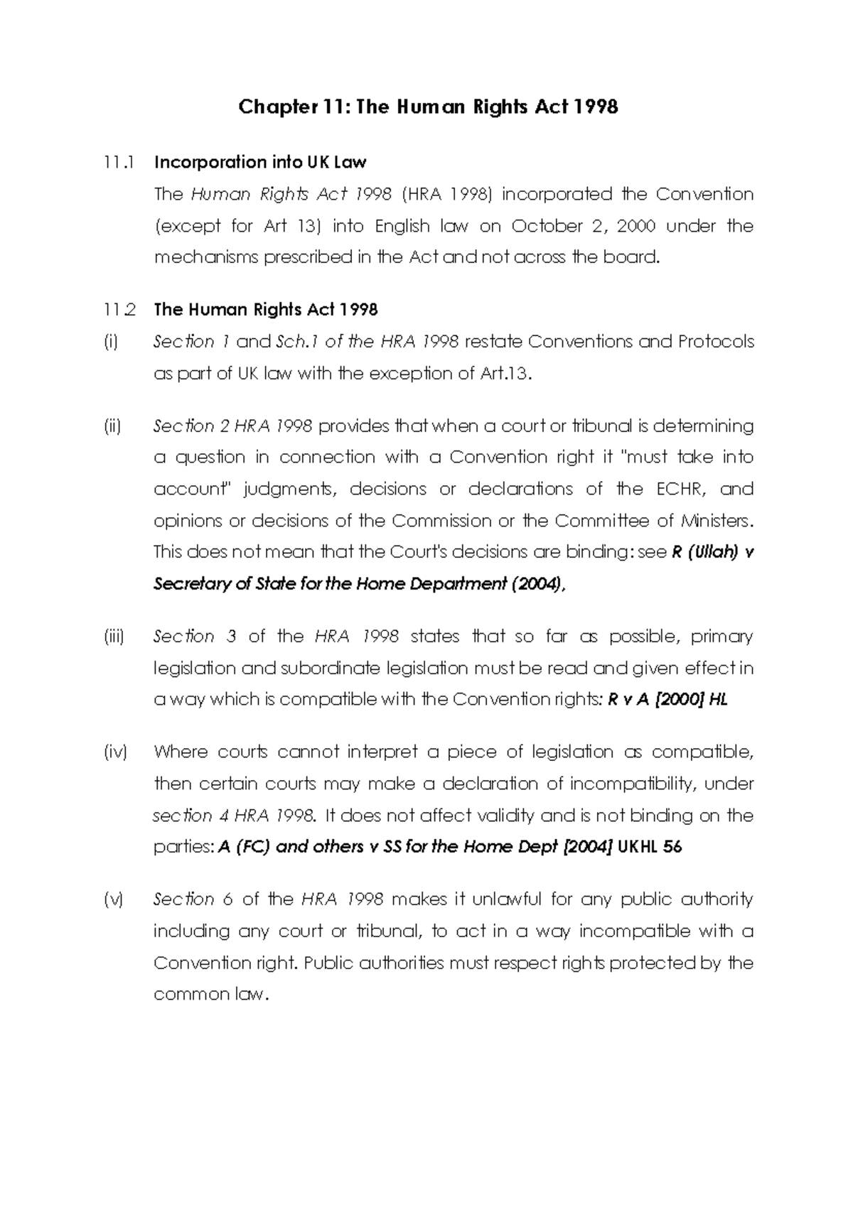 Chapter 11 Human Rights Part 1 - Chapter 11: The Human Rights Act 1998 ...