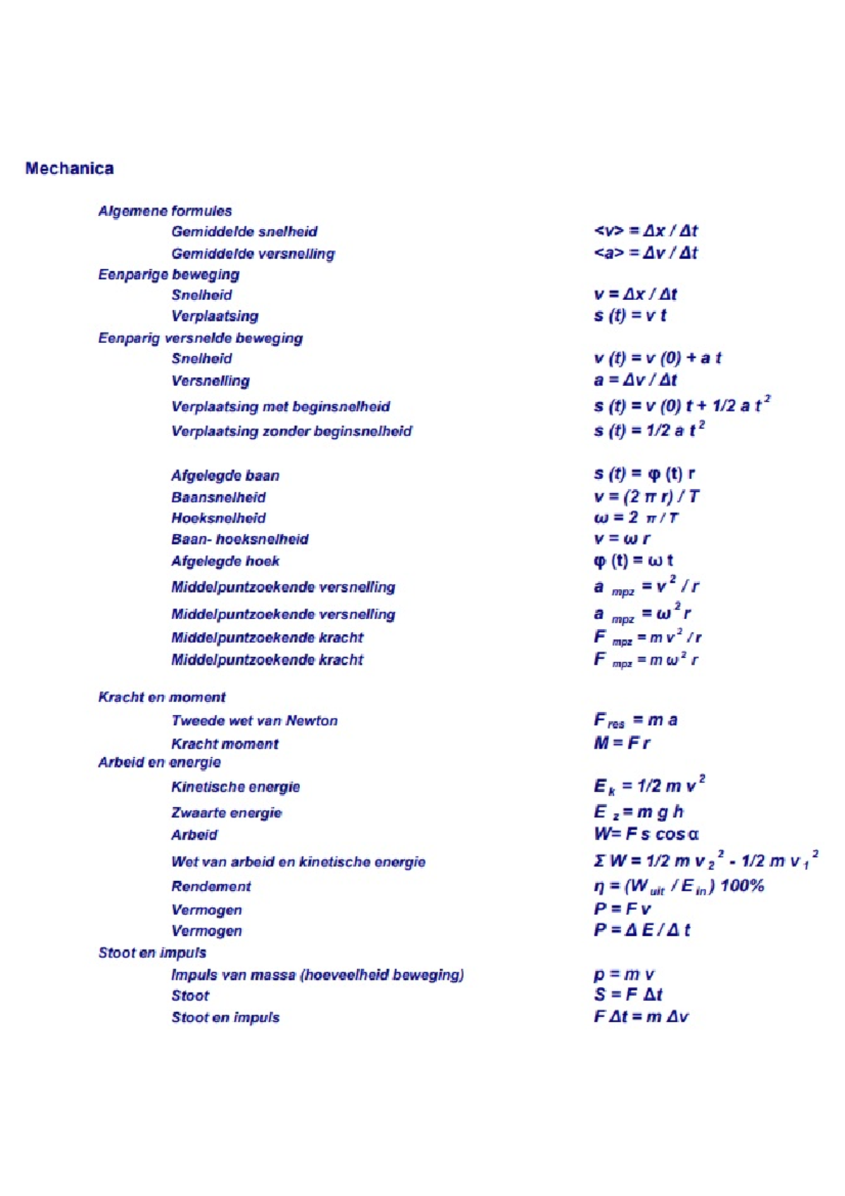 Formule-overzicht-Mechanica - Mechanica Algemene formules Gemiddelde ...