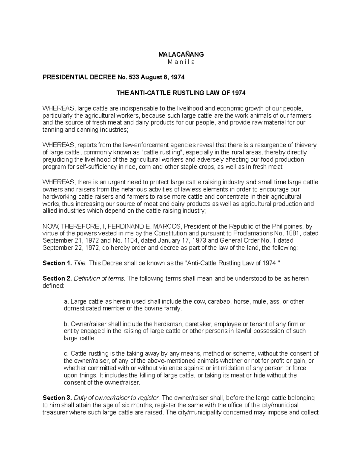 P.D No. 533 - A law prohibits cattle-rustling and provides punishments ...