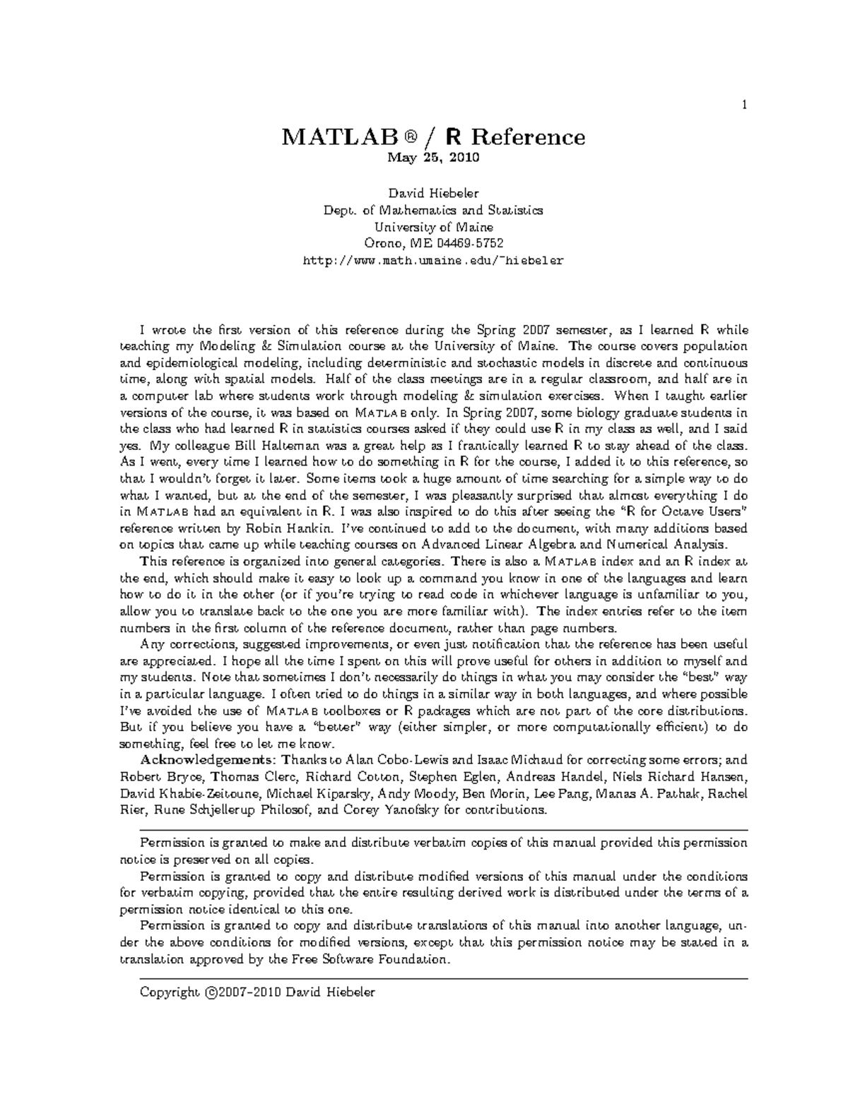 Hiebeler-matlab R - Nznsns - 1 MATLAB ©R / R Reference May 25, 2010 David Hiebeler Dept. of ...