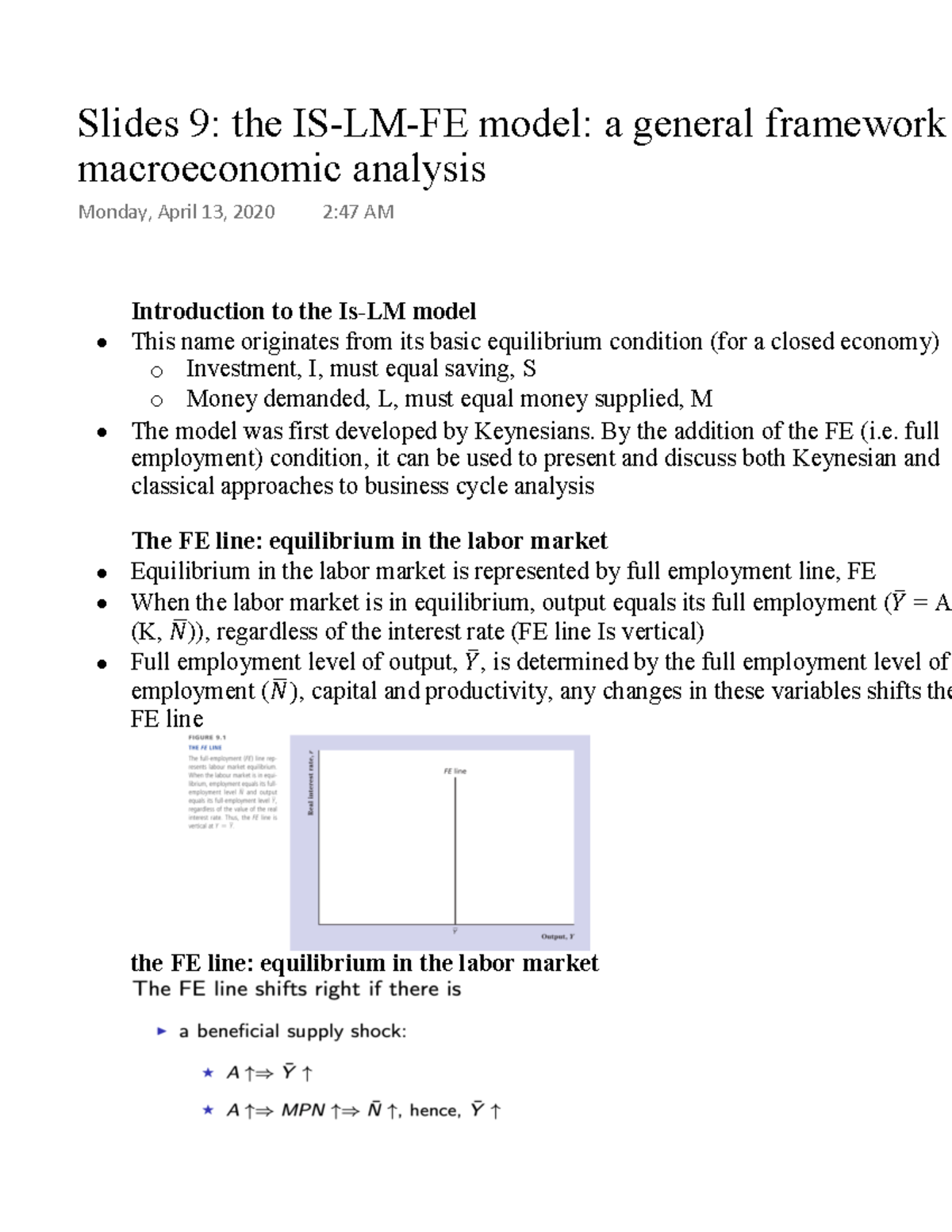 Slides 9 the IS-LM-FE model a general framework for macroeconomic ...