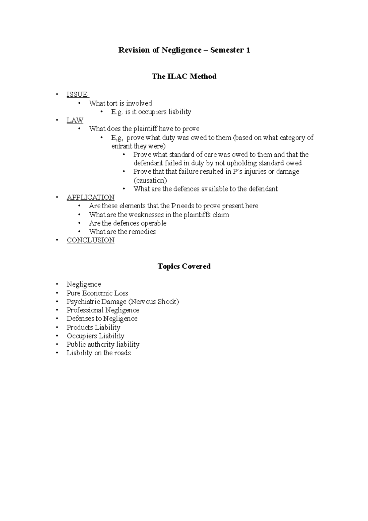 Tort Law Revision - Tort Law - Revision of Negligence – Semester 1 The ...