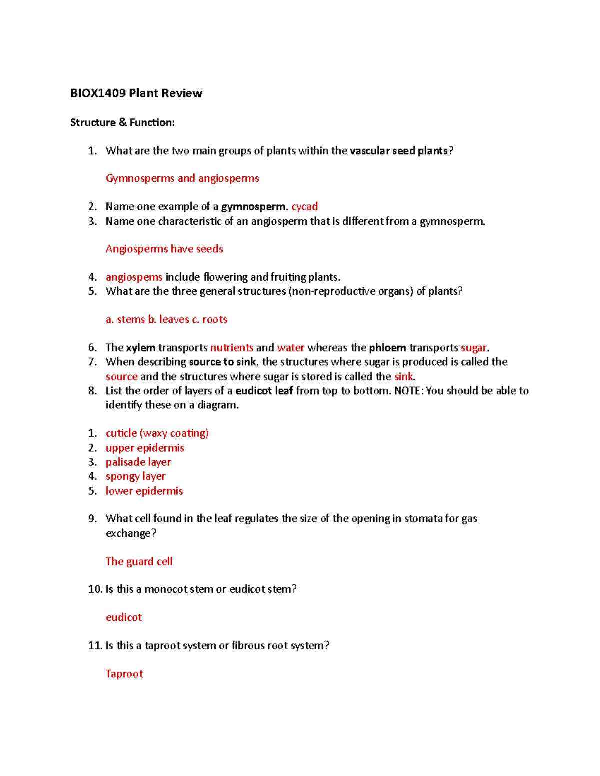 Plant review worksheet -1409 - BIOL 1409 - CTC - Studocu