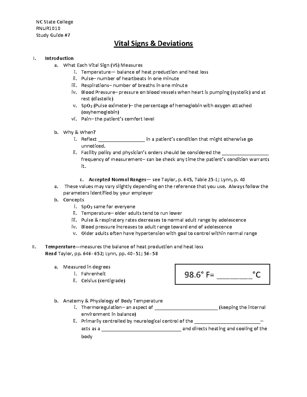 Study Guide #7- Vital Signs- Notes - NC State College RNUR Study Guide ...