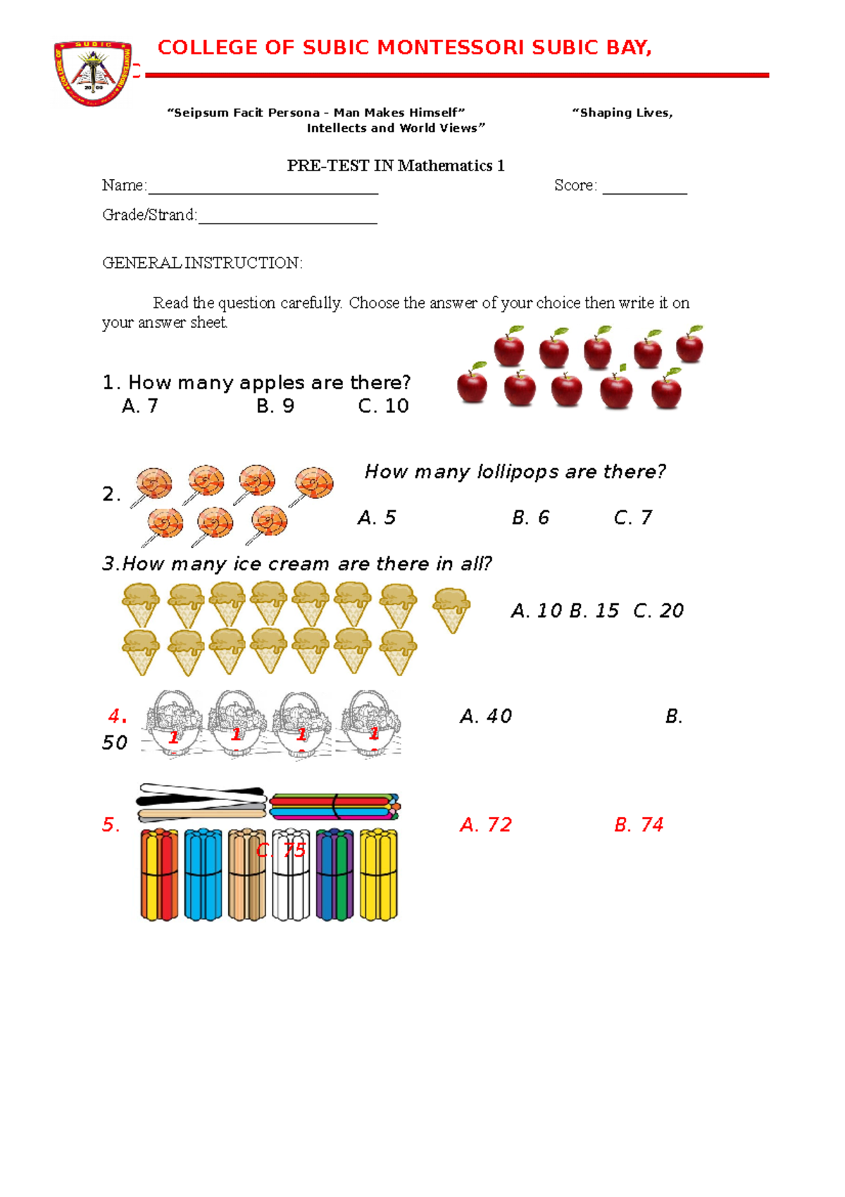 Pretest-Math grade 1docx - INC “Seipsum Facit Persona – Man Makes ...