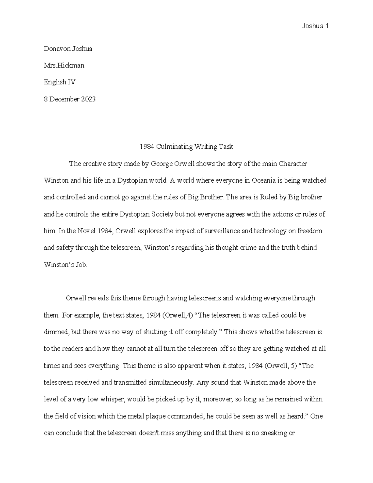 Essay - Joshua 1 Donavon Joshua Mrs English IV 8 December 2023 1984 ...