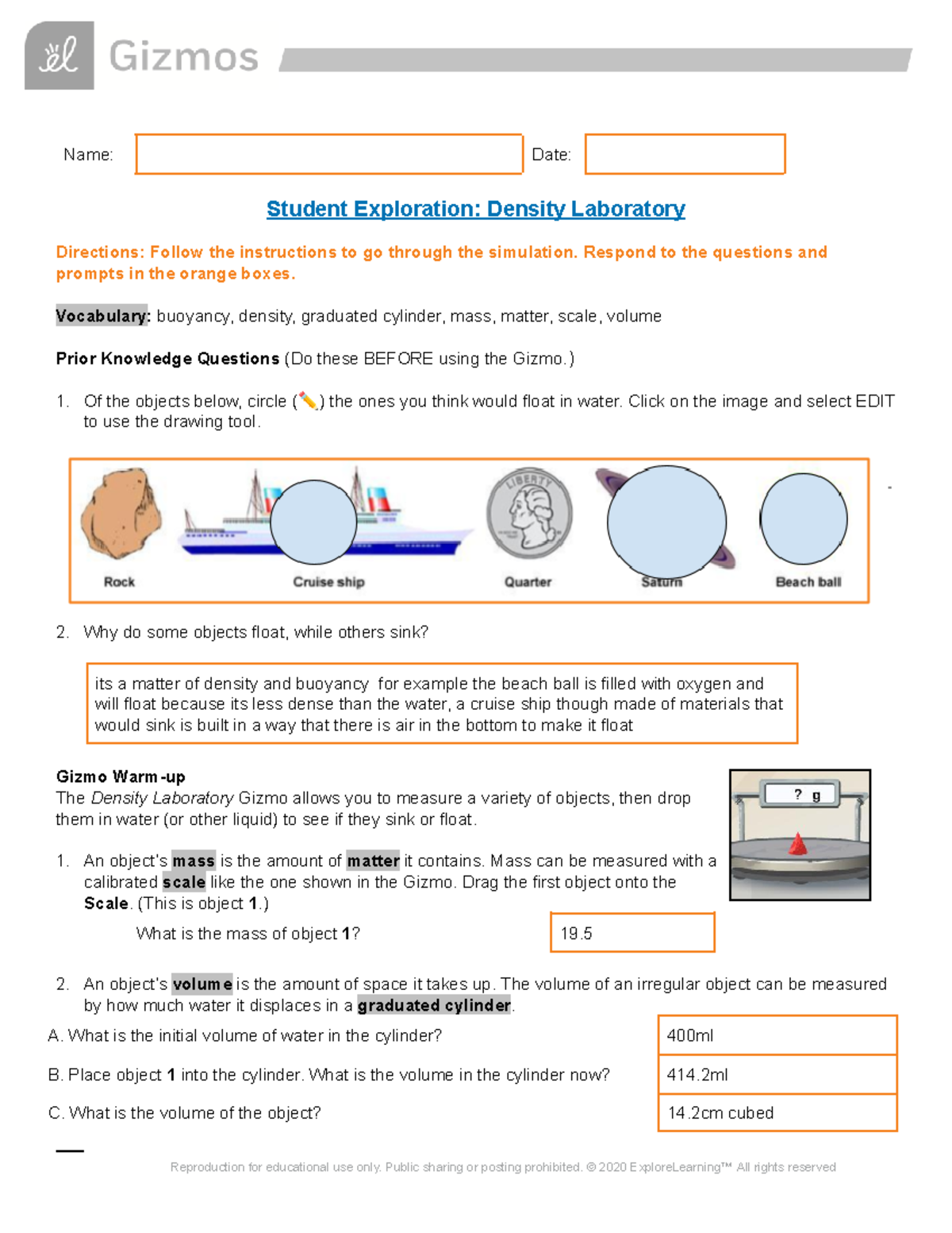 Copy of Density Lab SE - Super grey - Name: Date: Student Exploration ...