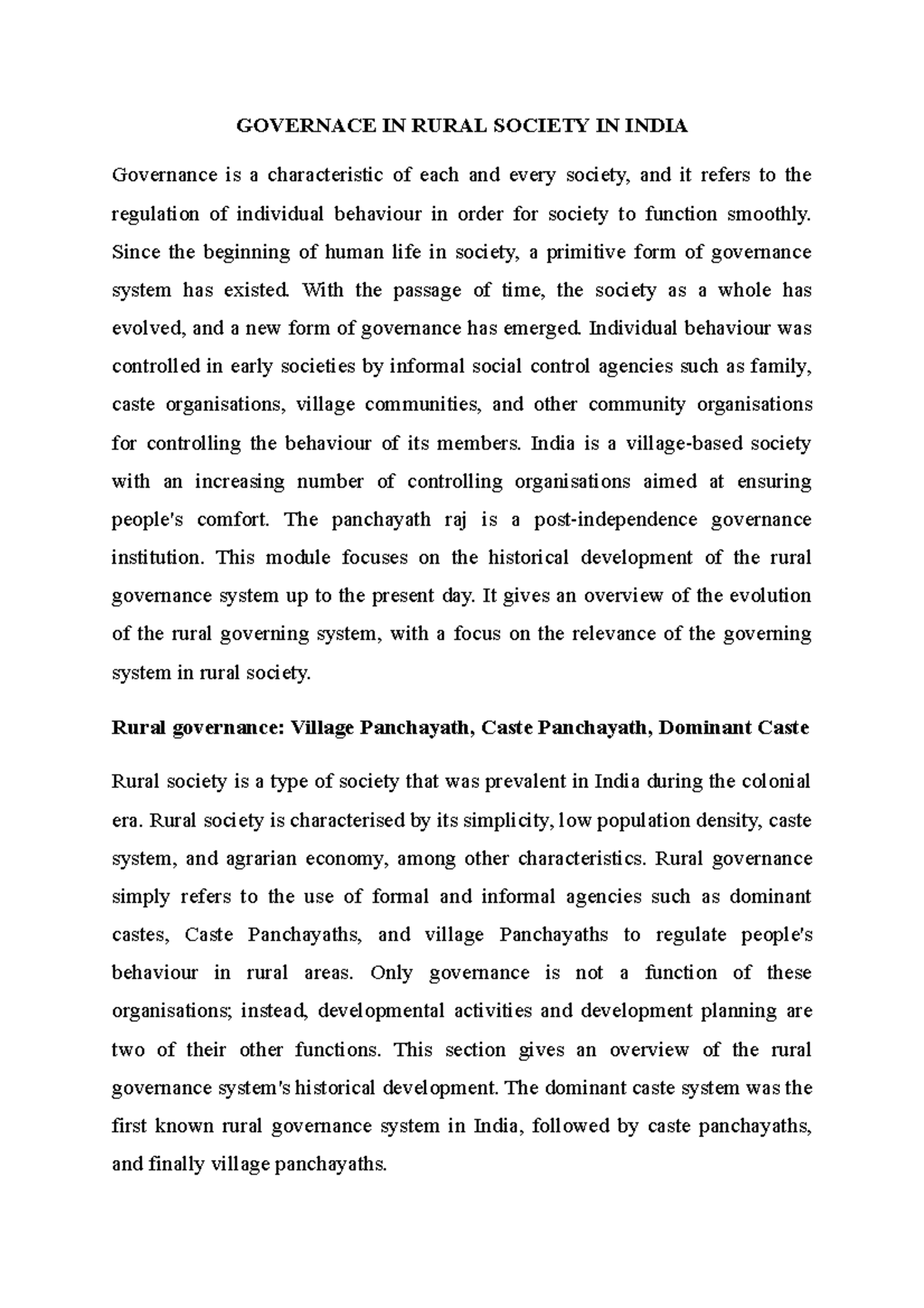 Governace IN Rural Society IN India - GOVERNACE IN RURAL SOCIETY IN ...