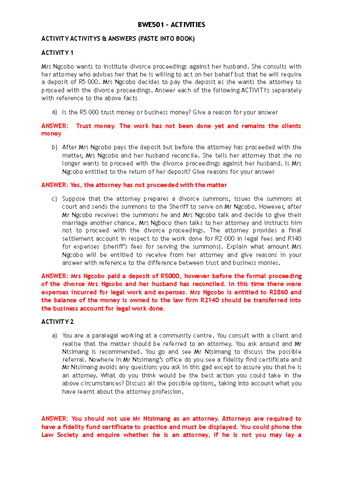 Bwe 1501 - activity questions and answers - BWE501 – ACTIVITIES ...