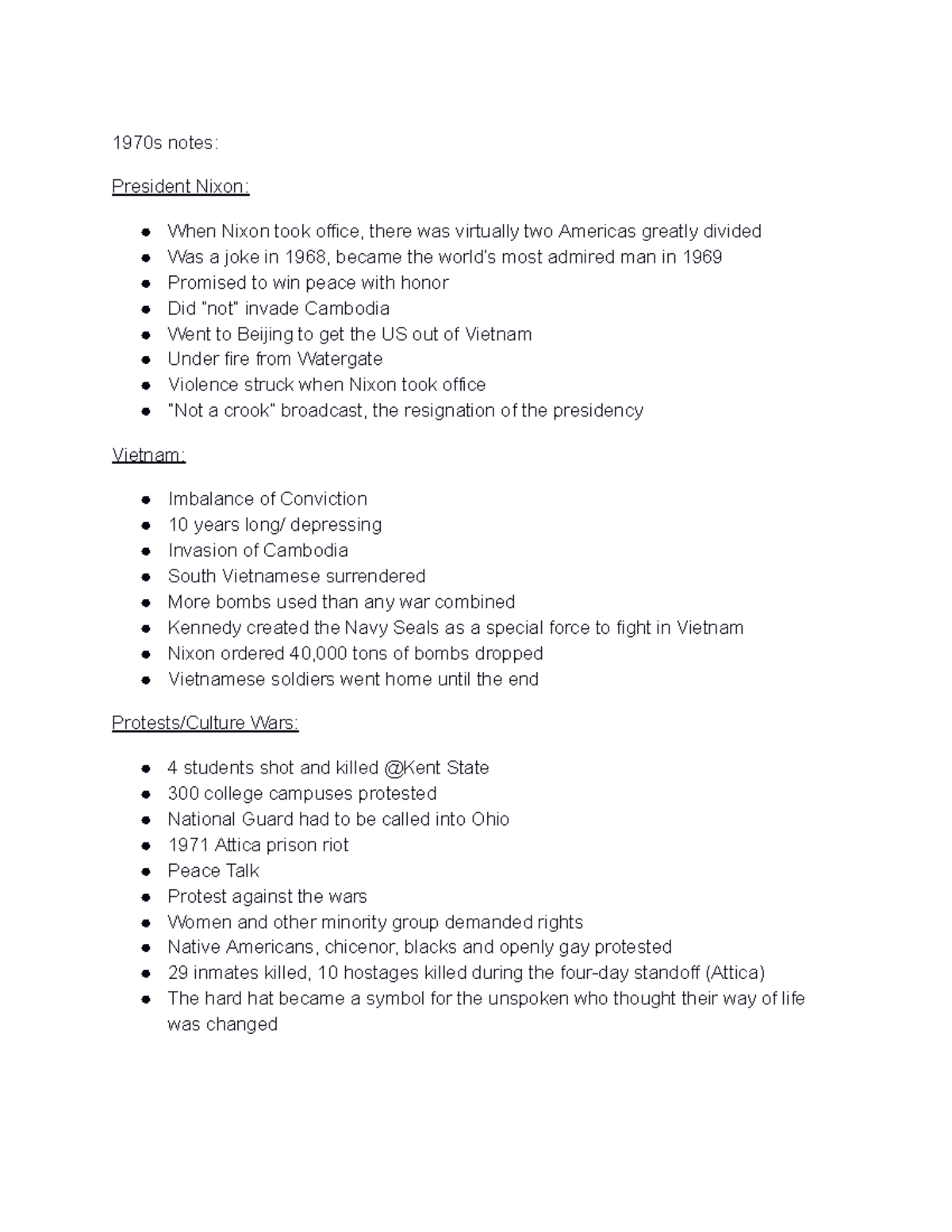 1970s Notes- Wars, culture/protests, elections - 1970s notes: President ...