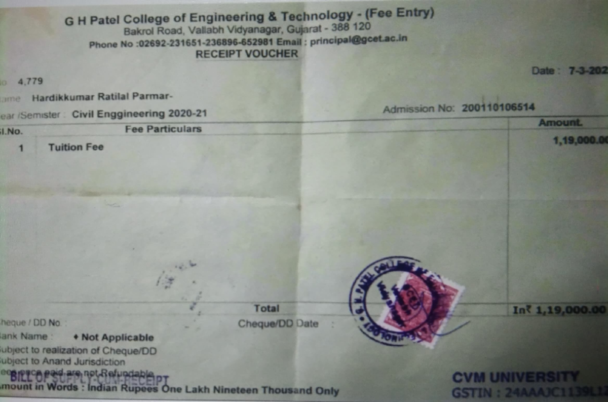 Free receipt - GH Patel College of Engineering & Technology - (Fee Entry) Bakrol Road, Vallabh ...