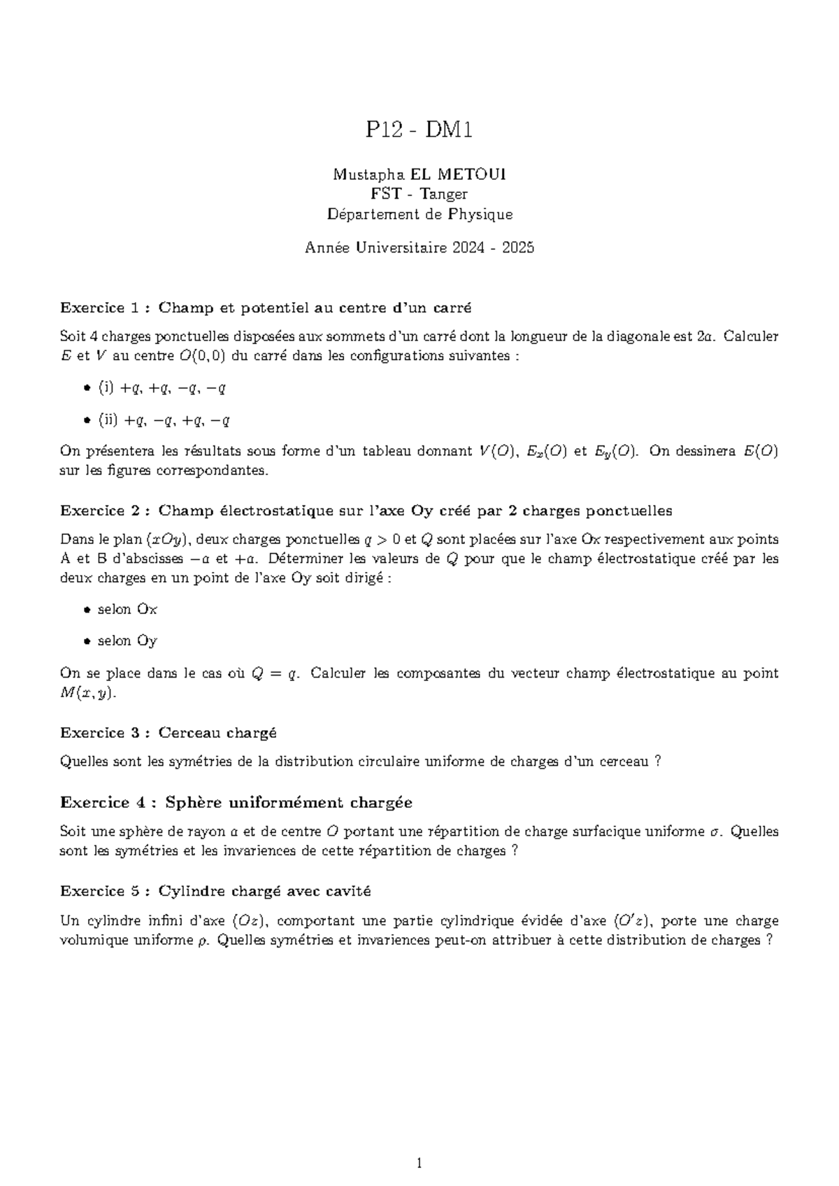 DM2 - devoir n2 electrostatique - P12 - DM Mustapha EL METOUI FST ...