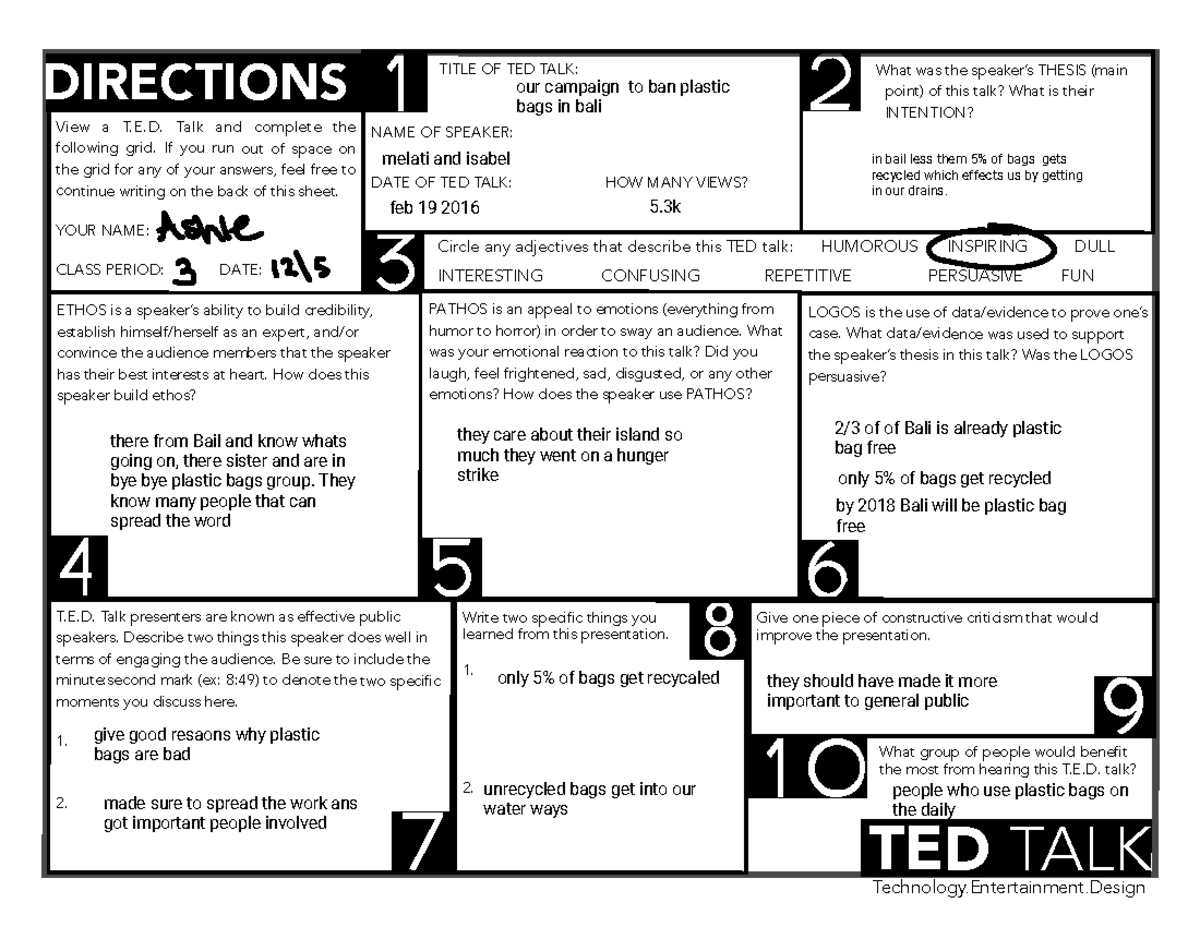 TED Talk Worksheet - nice - ! What was the speaker’s THESIS (main ...