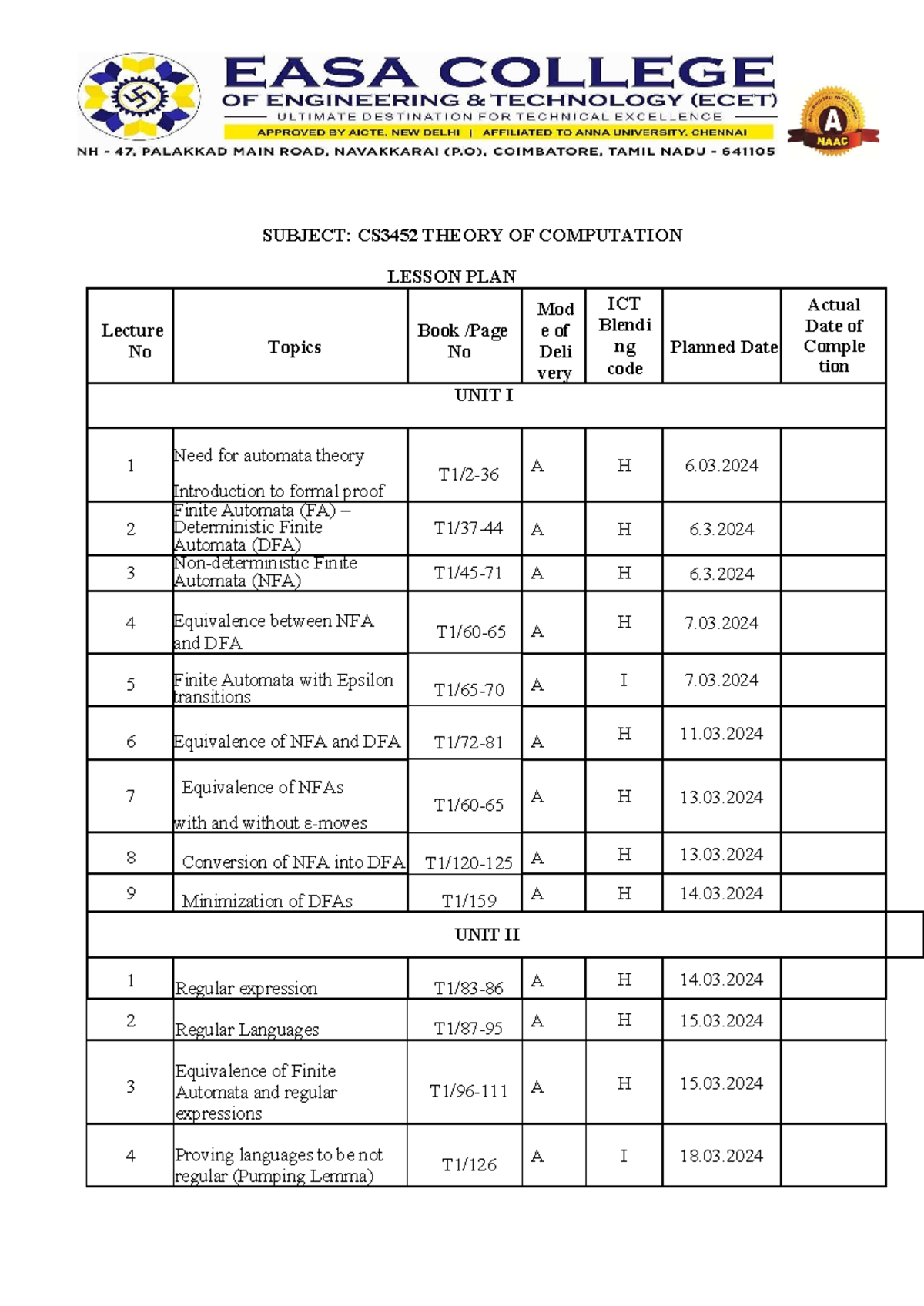 Lesson plan TOC - plan - SUBJECT: CS3452 THEORY OF COMPUTATION LESSON ...