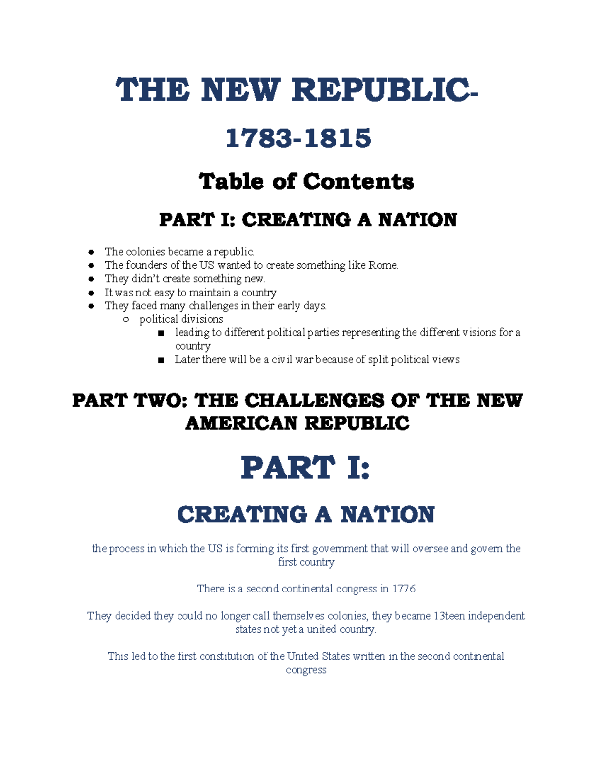 The New Republic - THE NEW REPUBLIC- 1783- Table of Contents PART I ...