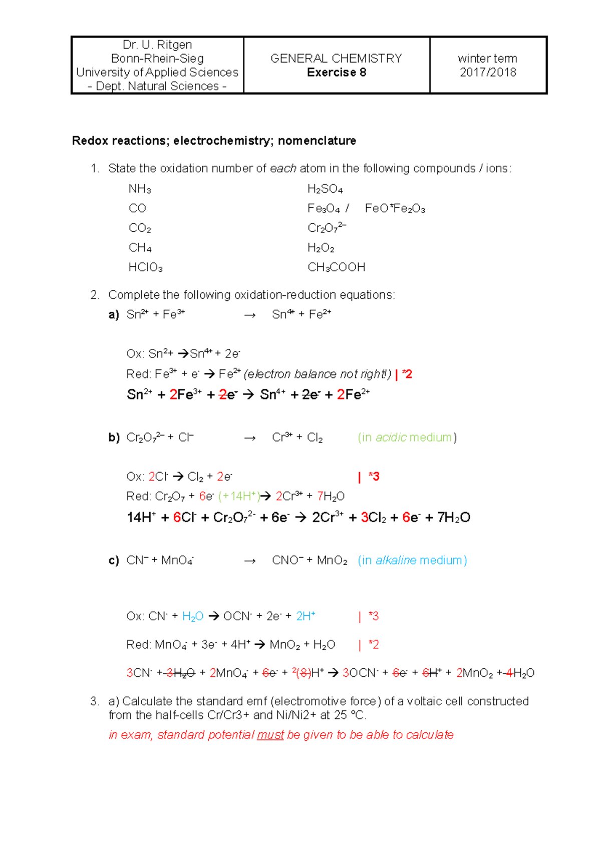 General Chemistry Exercise 08 bearbeitet - Dr. U. Ritgen Bonn-Rhein ...