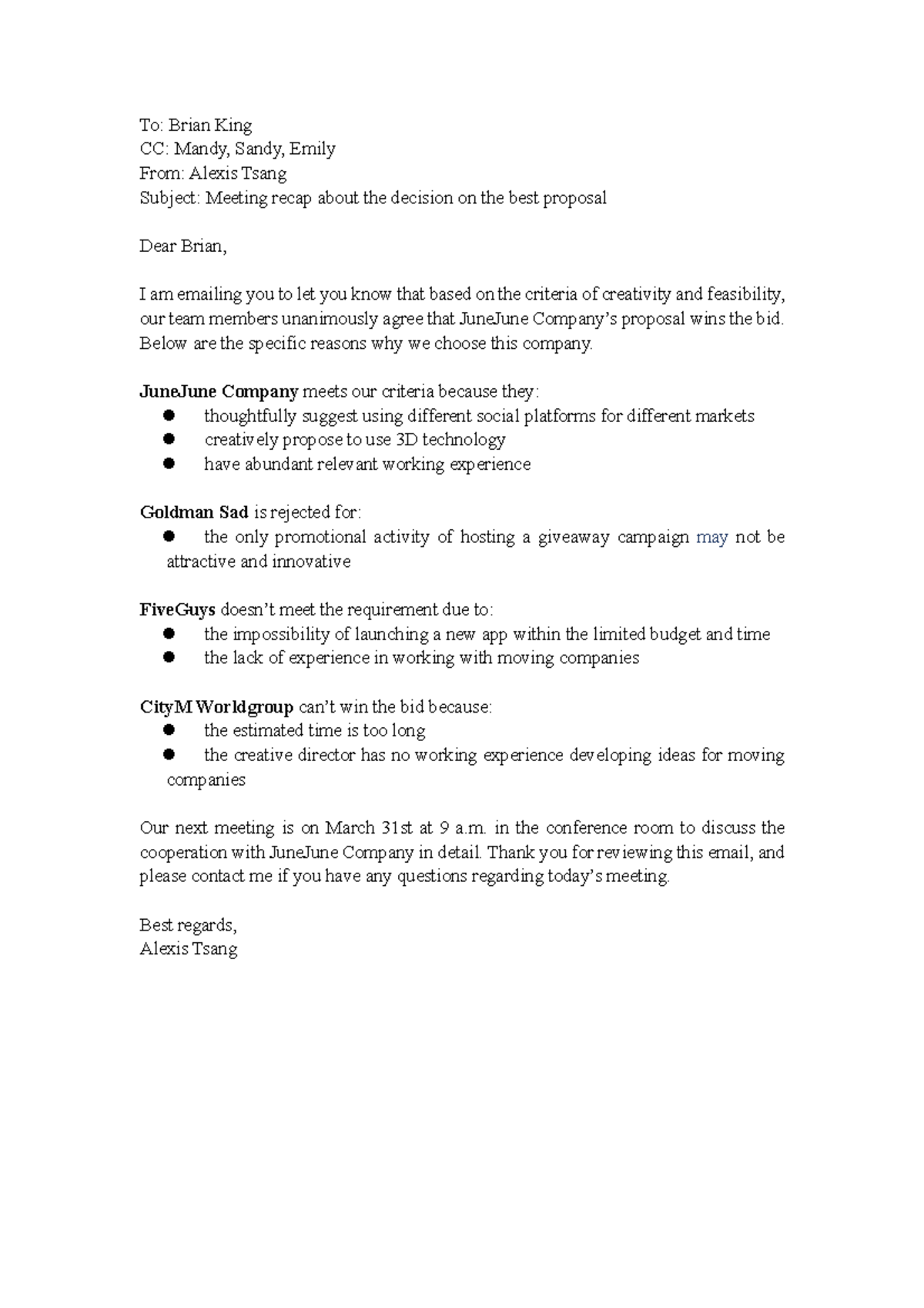 Summary Email - To: Brian King CC: Mandy, Sandy, Emily From: Alexis ...
