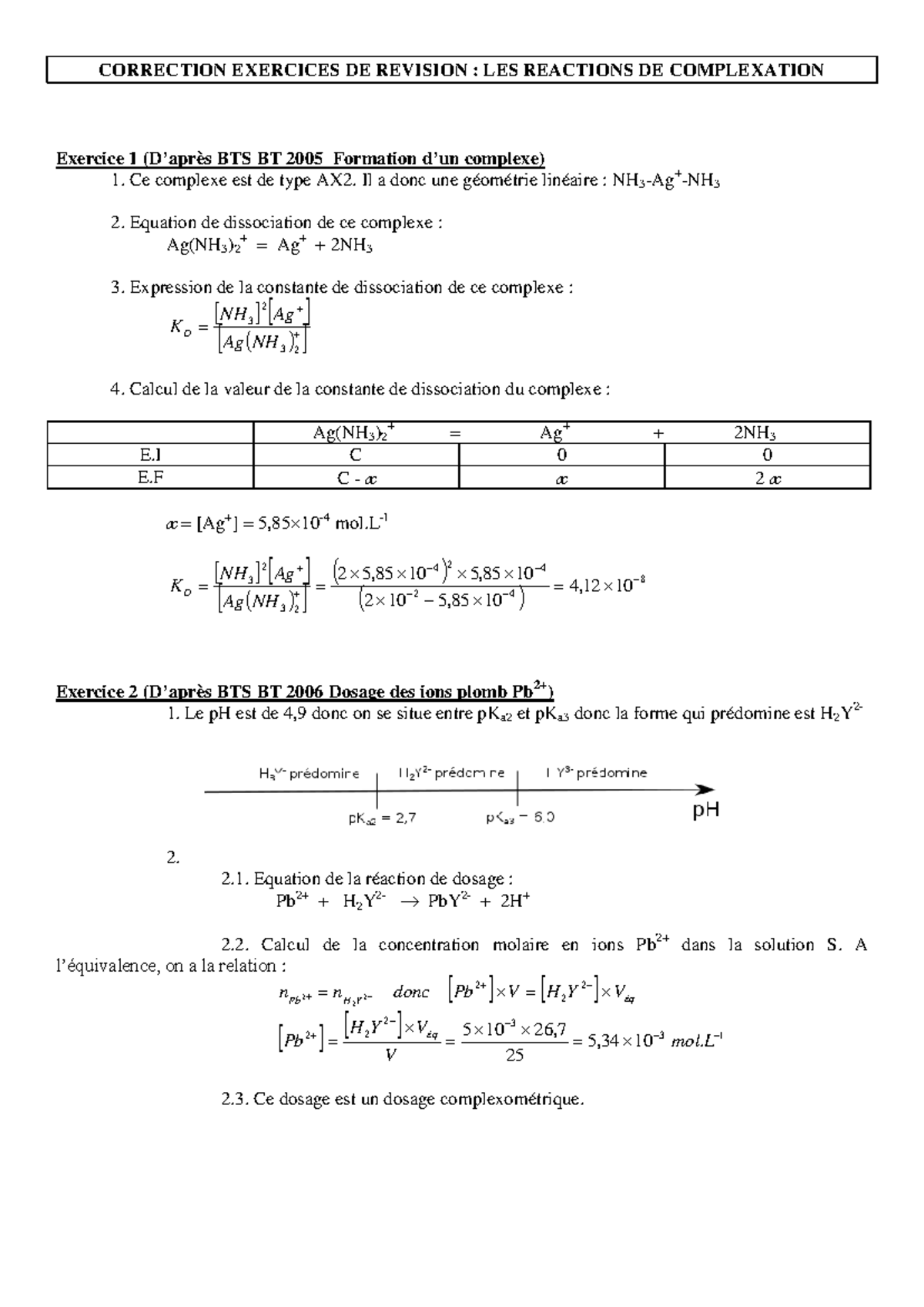 Correction reactions complexation - CORRECTION EXERCICES DE REVISION : LES REACTIONS DE ...